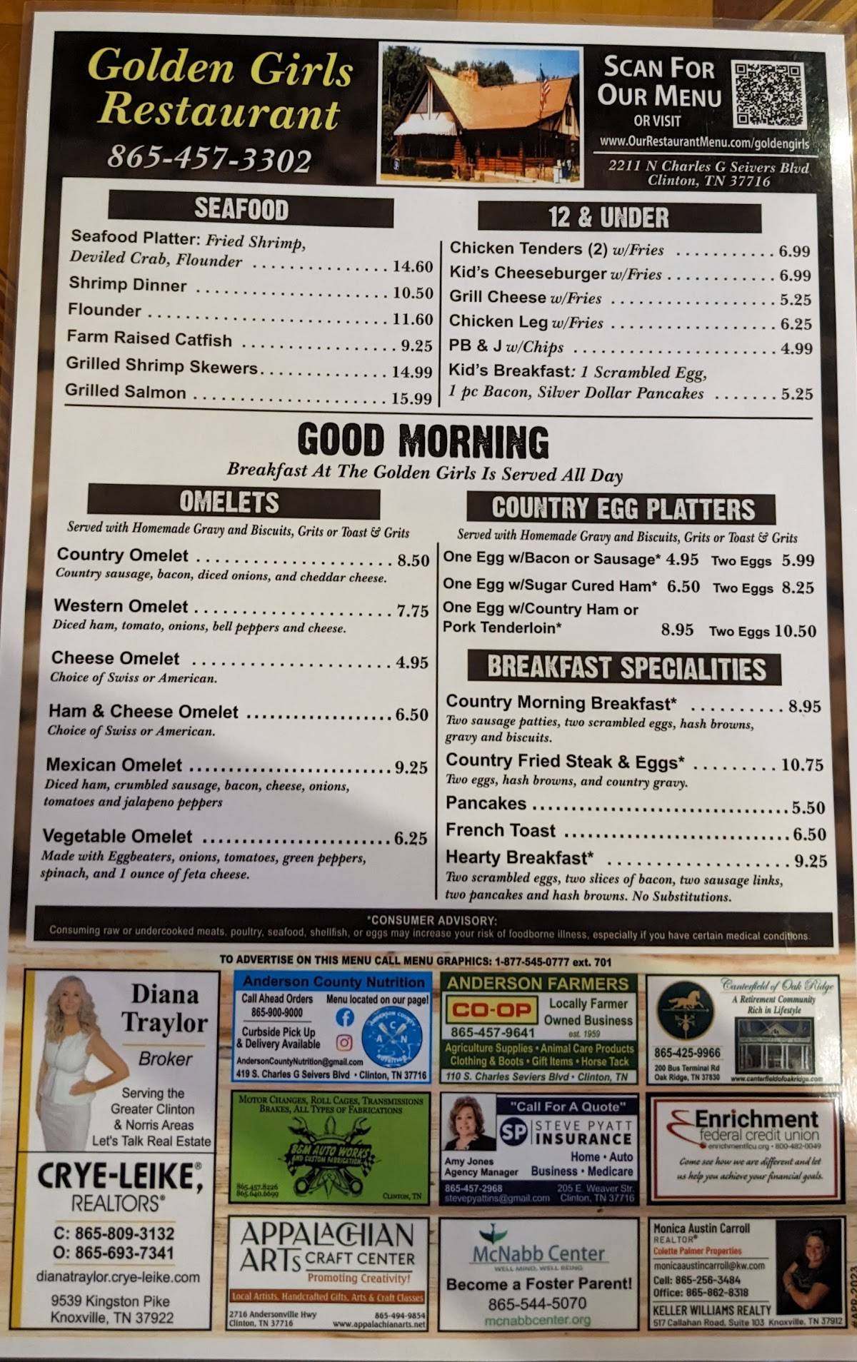 Menu at Golden Girls Restaurant, Clinton