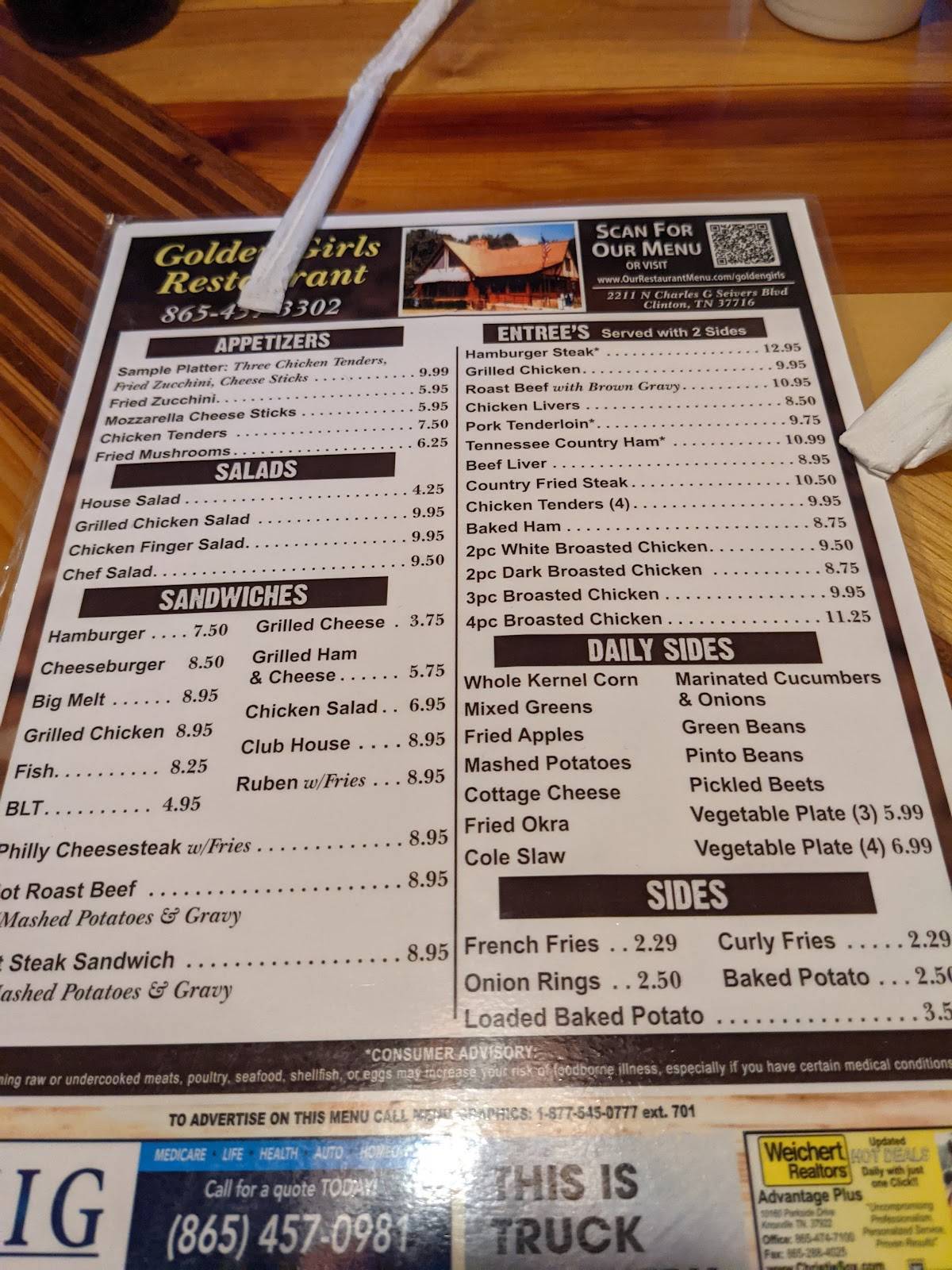Menu at Golden Girls Restaurant, Clinton