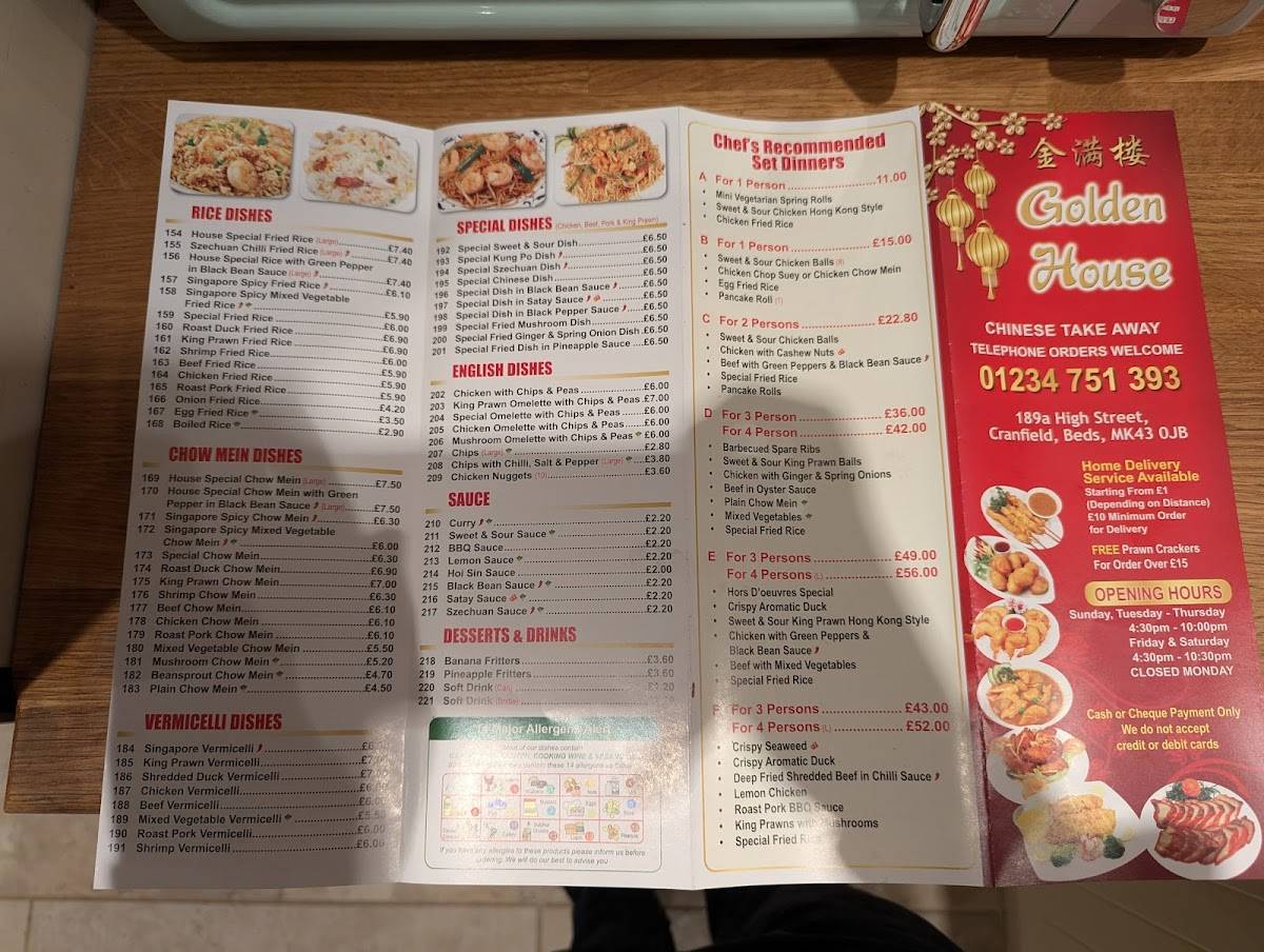 Menu at Golden House restaurant, Cranfield