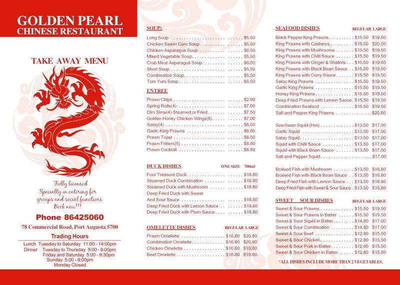 Menu at Golden Pearl Chinese Restaurant and Takeaway, Port Augusta