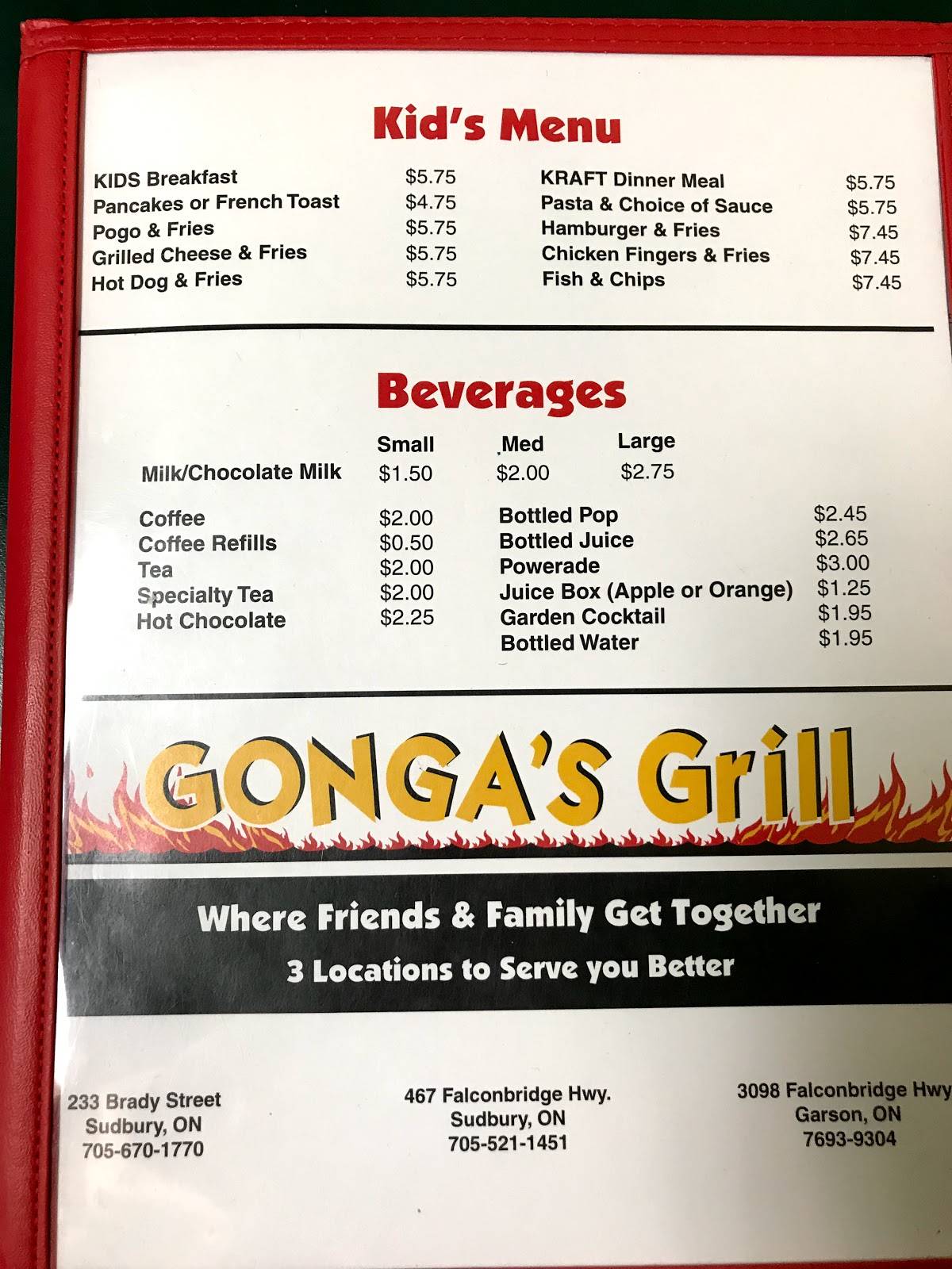 Menu at Gonga's Grill restaurant, Sudbury, Falconbridge Highway