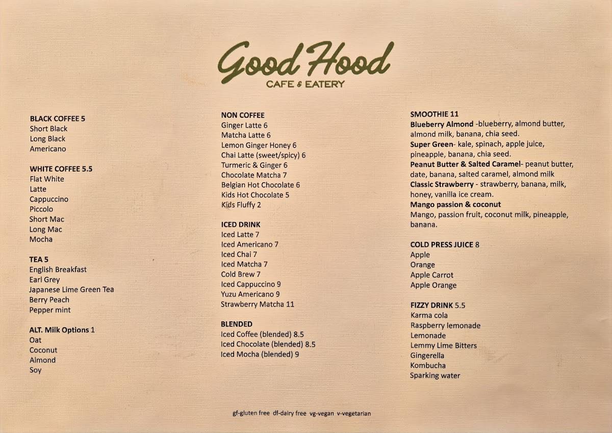 Menu at Good Hood Eatery cafe, Auckland
