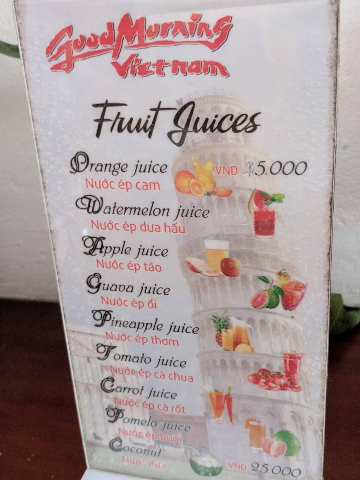 Menu at Good Morning Vietnam restaurant, Vung Tau, 1a Nguyễn Trường Tộ