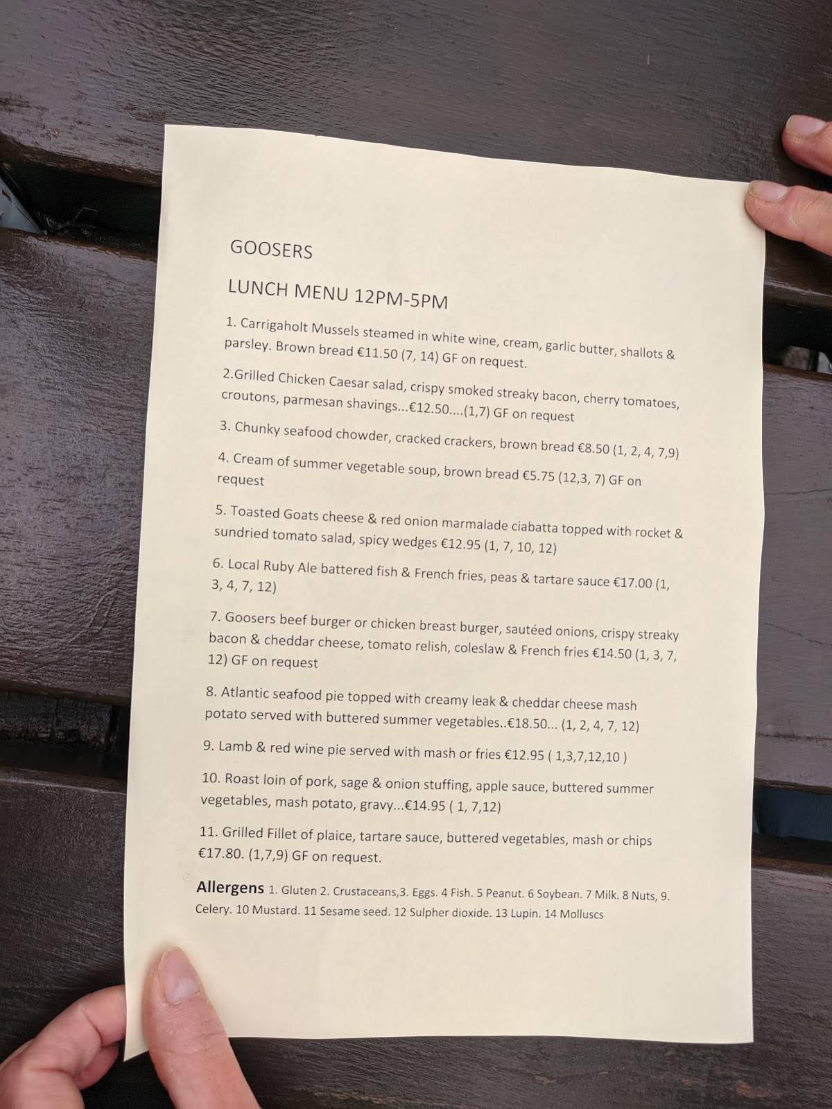 Menu at Goosers Bar & Eating House, Killaloe