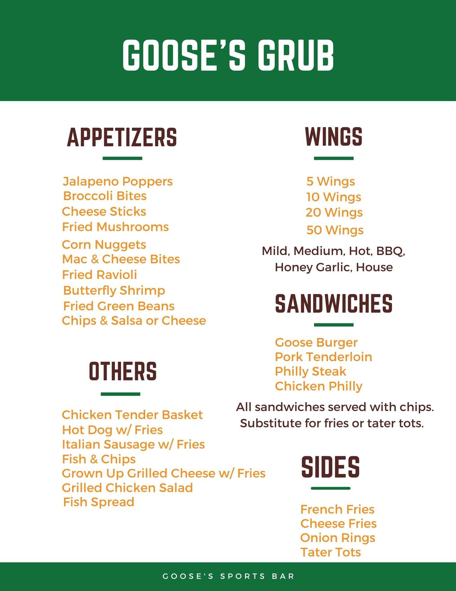 Menu at Goose's Sports Bar, Largo