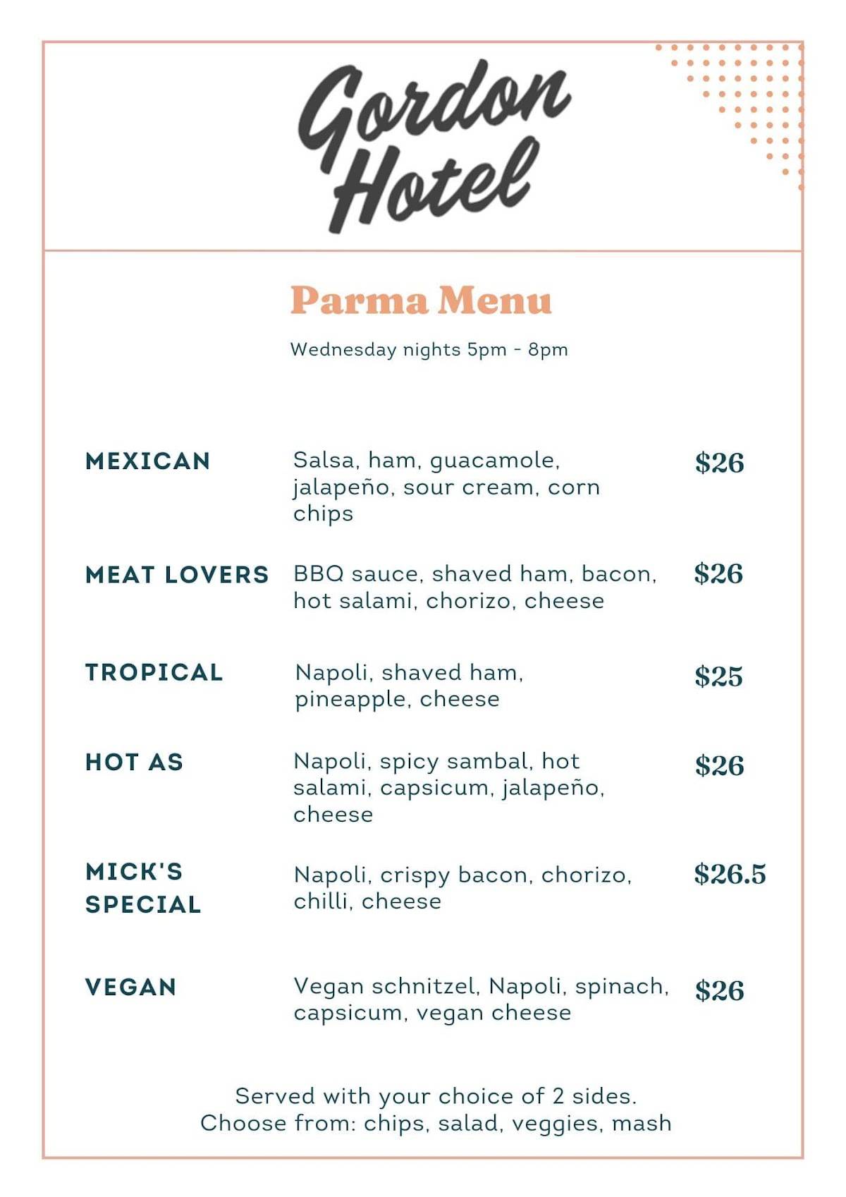 Menu at Gordon Hotel & Bottle Shop, Gordon VIC pub & bar, Gordon