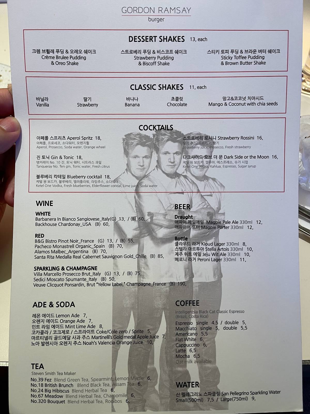 Menu at Gordon Ramsay Burger restaurant, Seoul