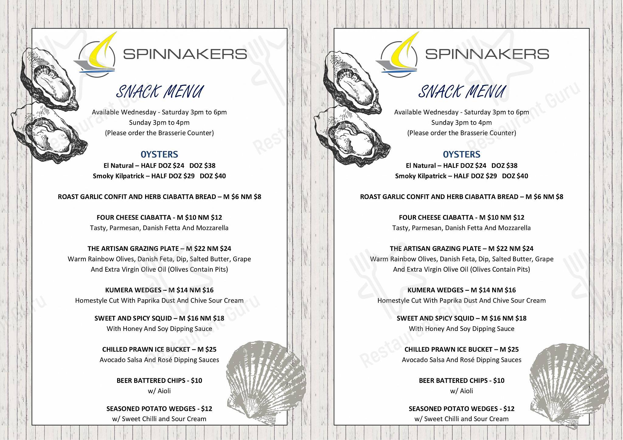 Menu at Gosford Sailing Club, Gosford, 28 Masons Pde