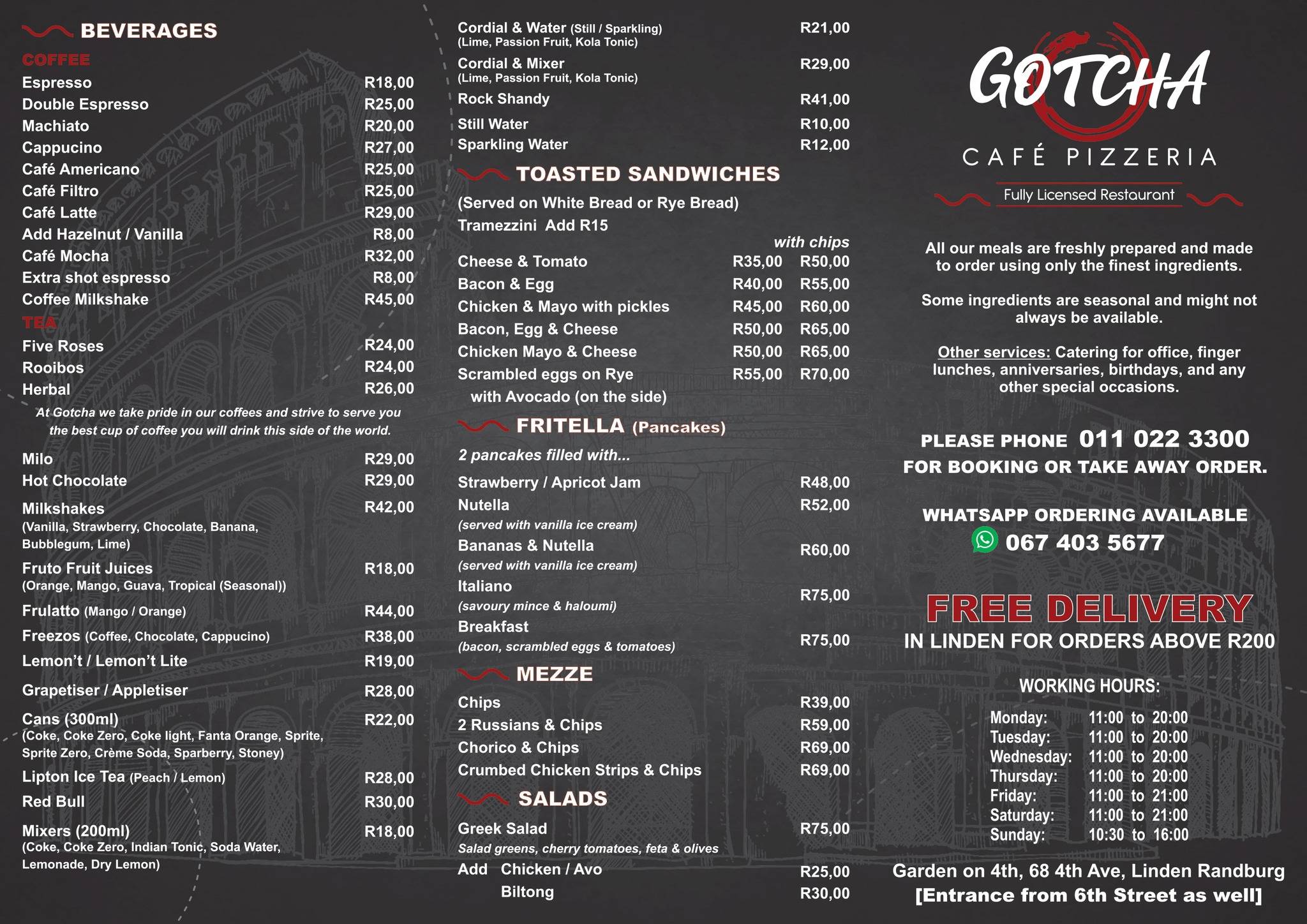 Menu at Gotcha Cafe Pizzeria, Randburg