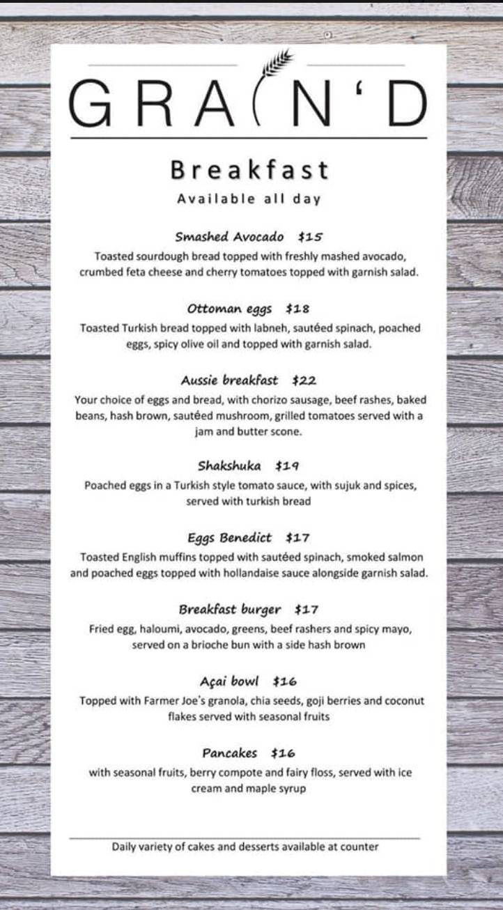 Menu at Grain'd Cafe, Revesby