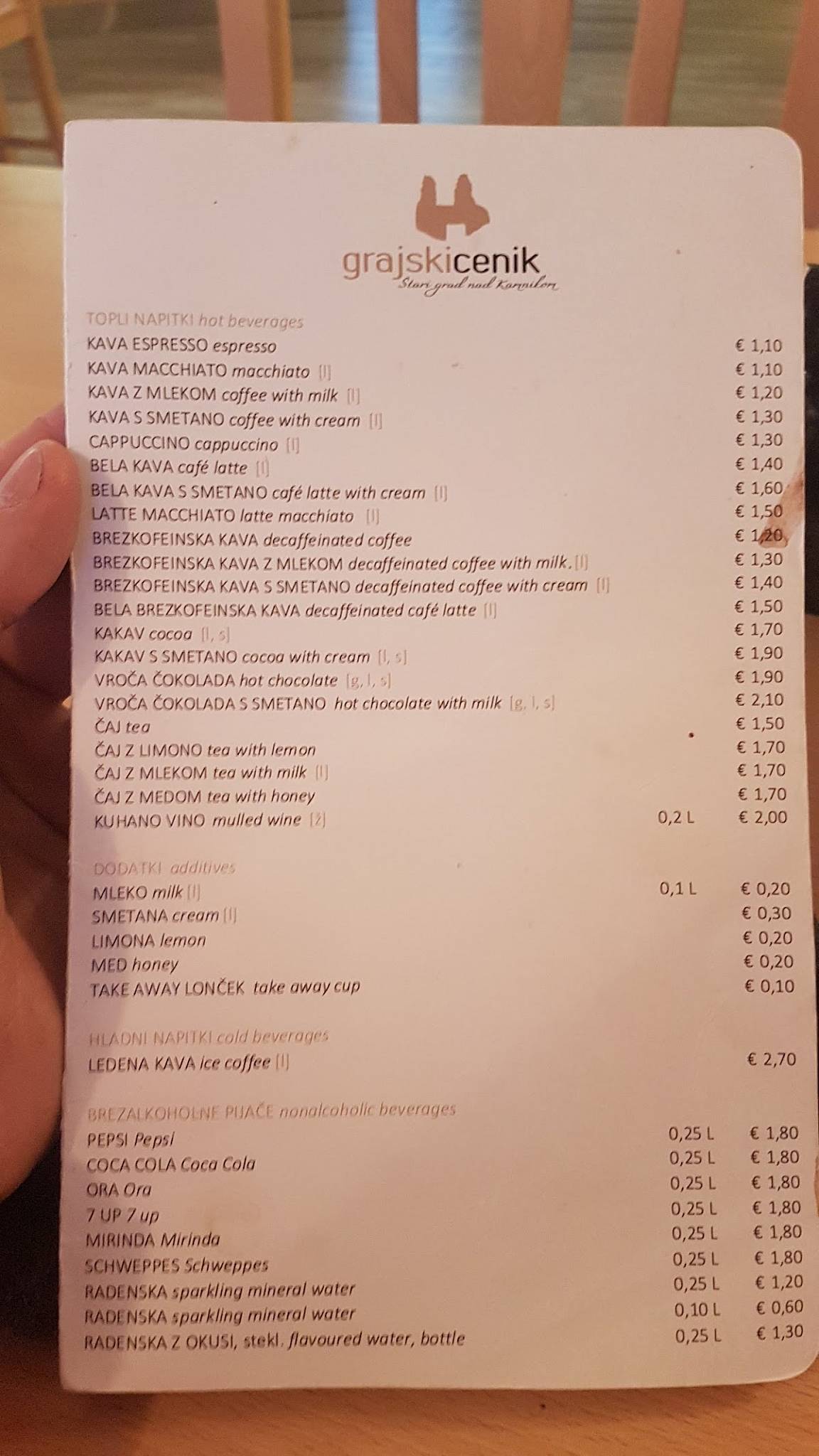 Menu at Grajska terasa, Stari grad nad Kamnikom cafe, Kamnik