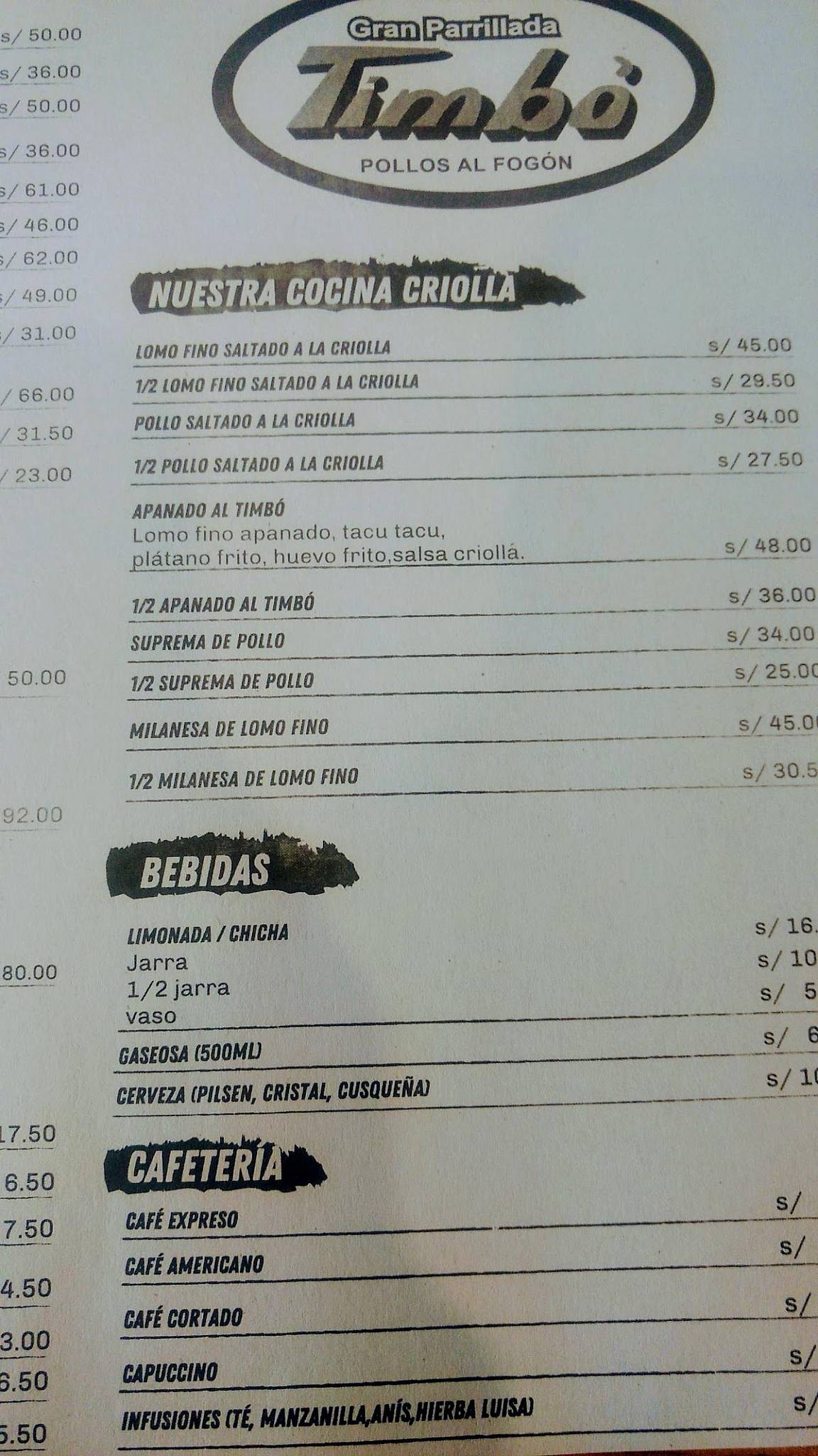Carta de Gran Parrillada Timbó, Lima