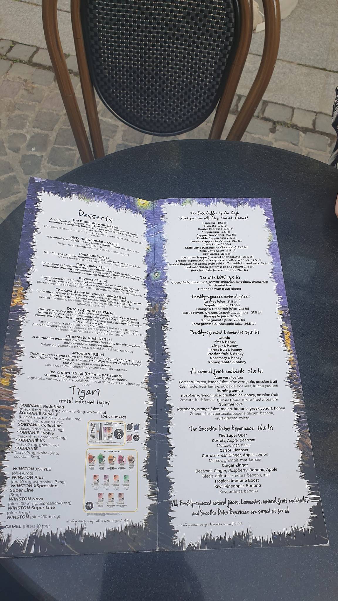 Menu at Grand Café Van Gogh, Bucharest