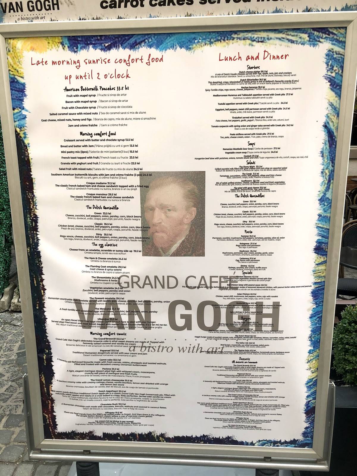Menu at Grand Café Van Gogh, Bucharest