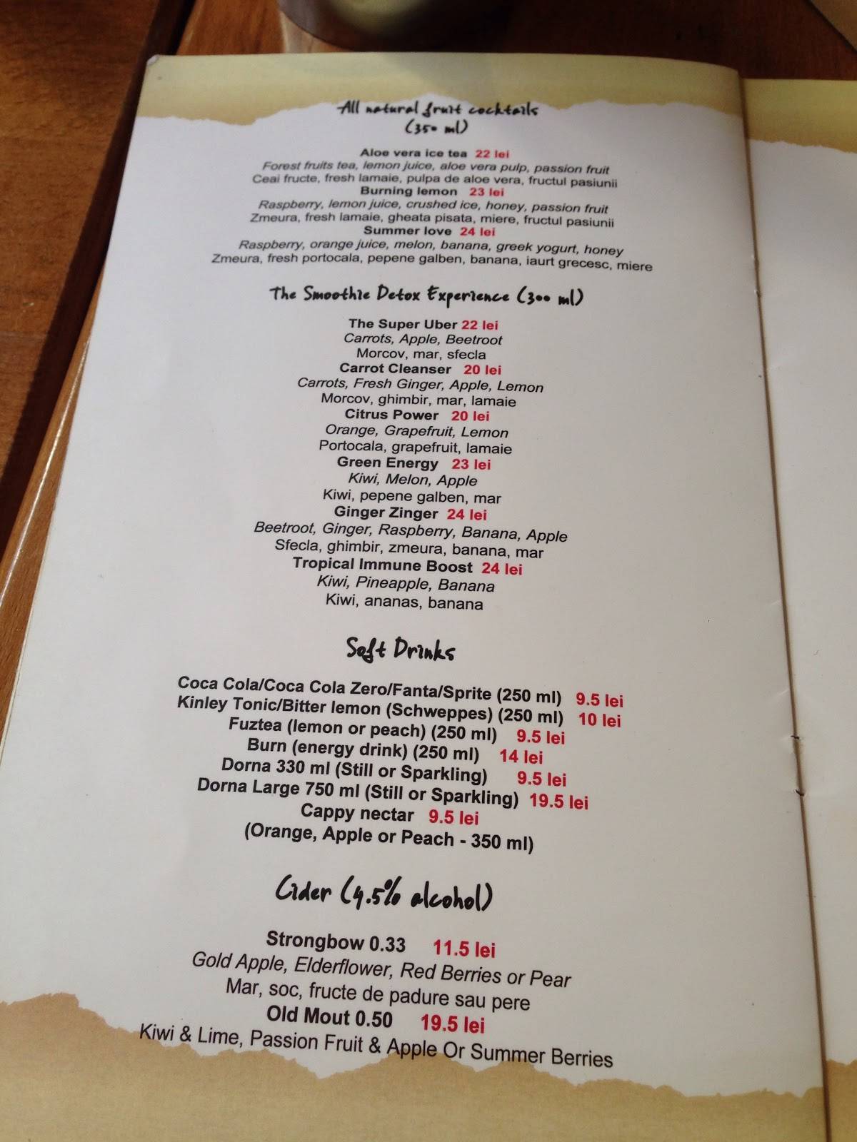 Menu at Grand Café Van Gogh, Bucharest