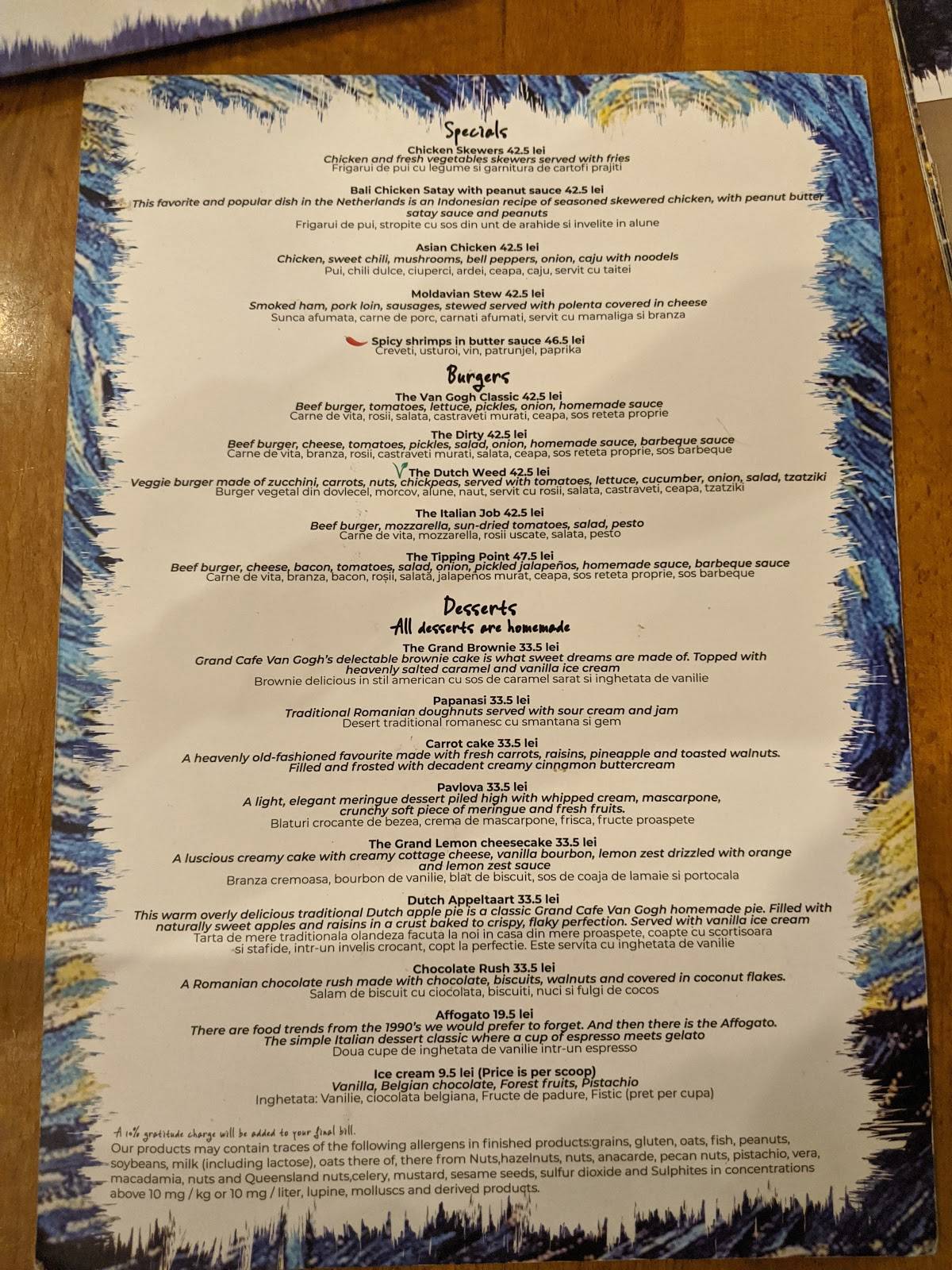 Menu at Grand Café Van Gogh, Bucharest