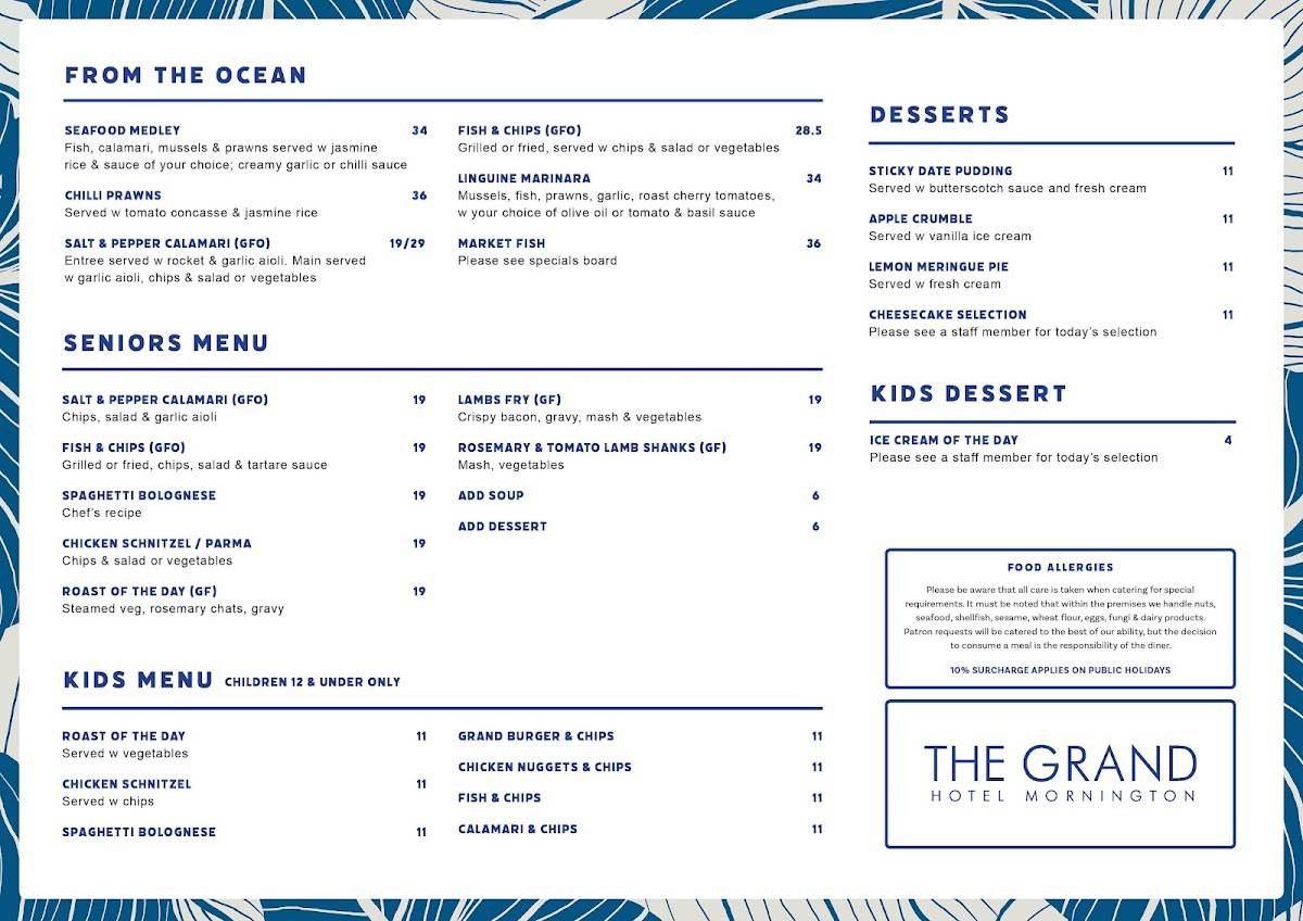 Menu at Grand Hotel Mornington restaurant, Mornington