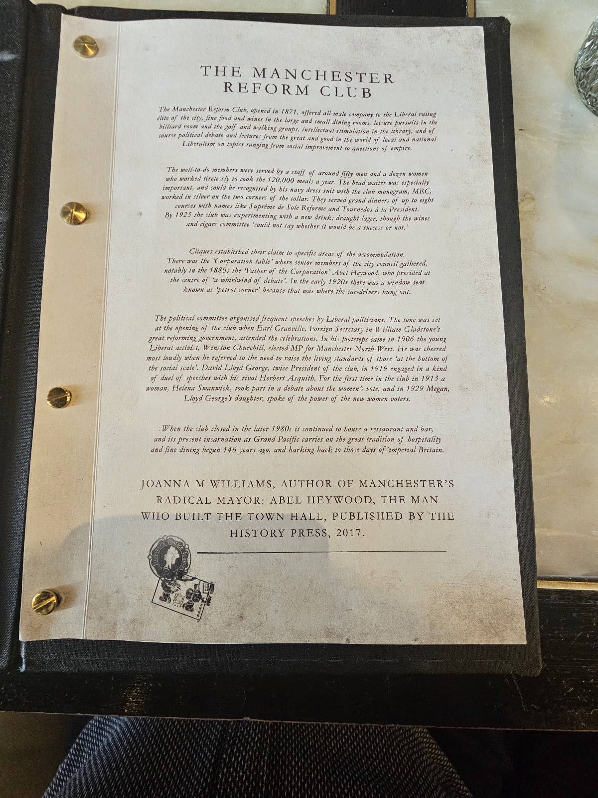 Menu at Grand Pacific pub & bar, Manchester, 50 Spring Gardens