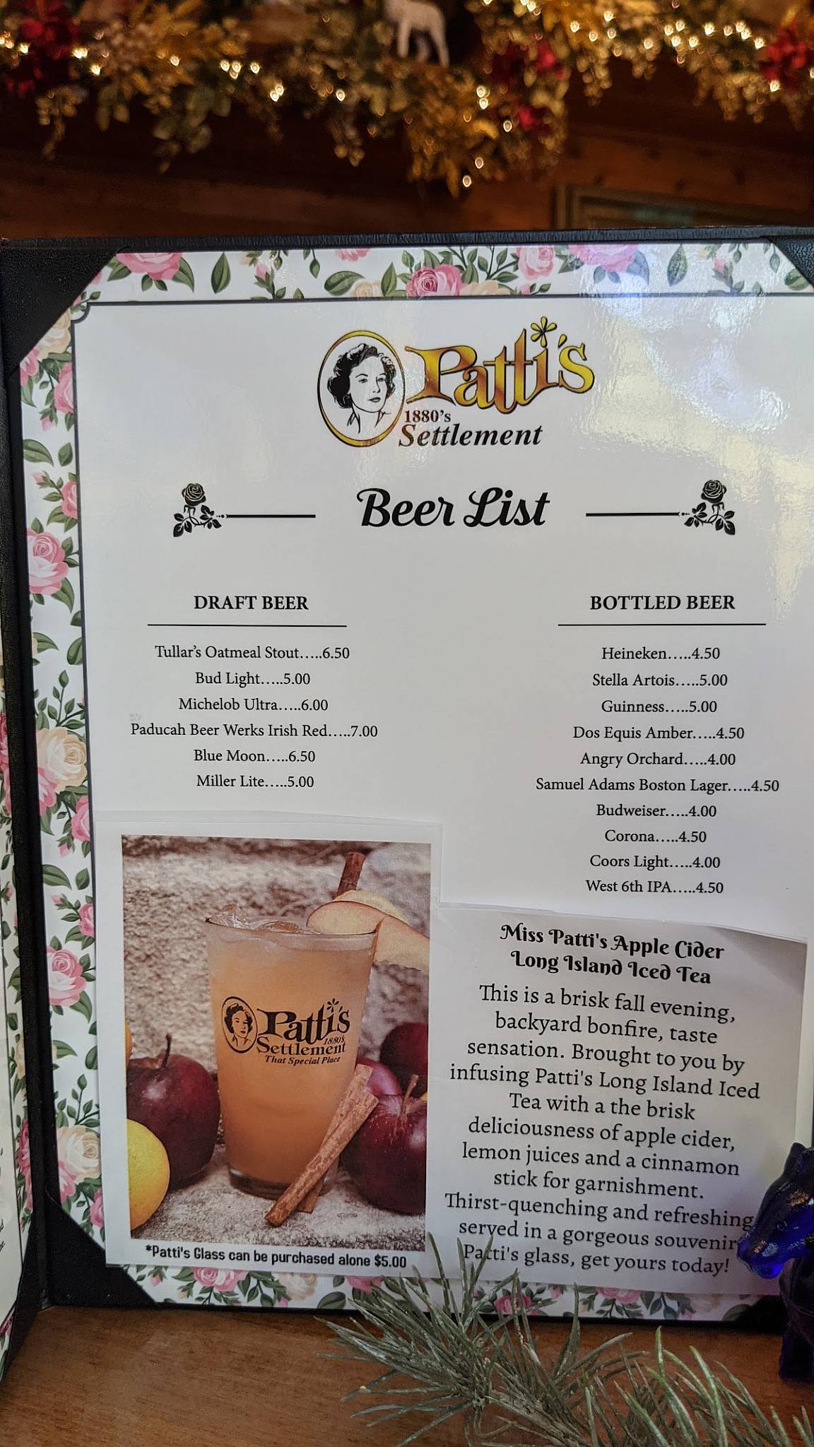 Menu at Patti's 1880's Settlement restaurant, Grand Rivers