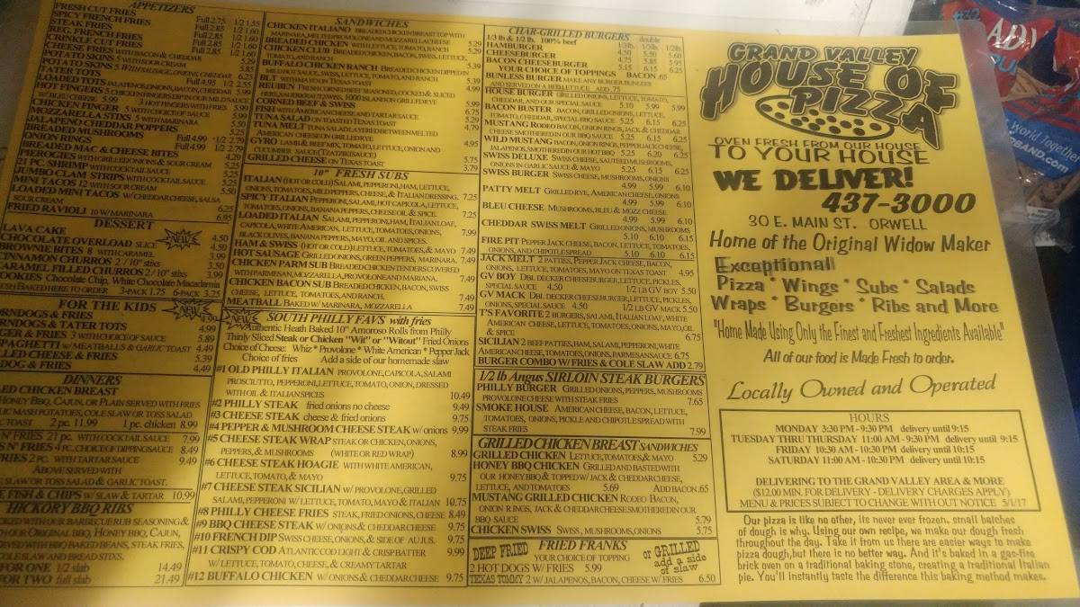Menu at Grand Valley House of Pizza pizzeria, Orwell