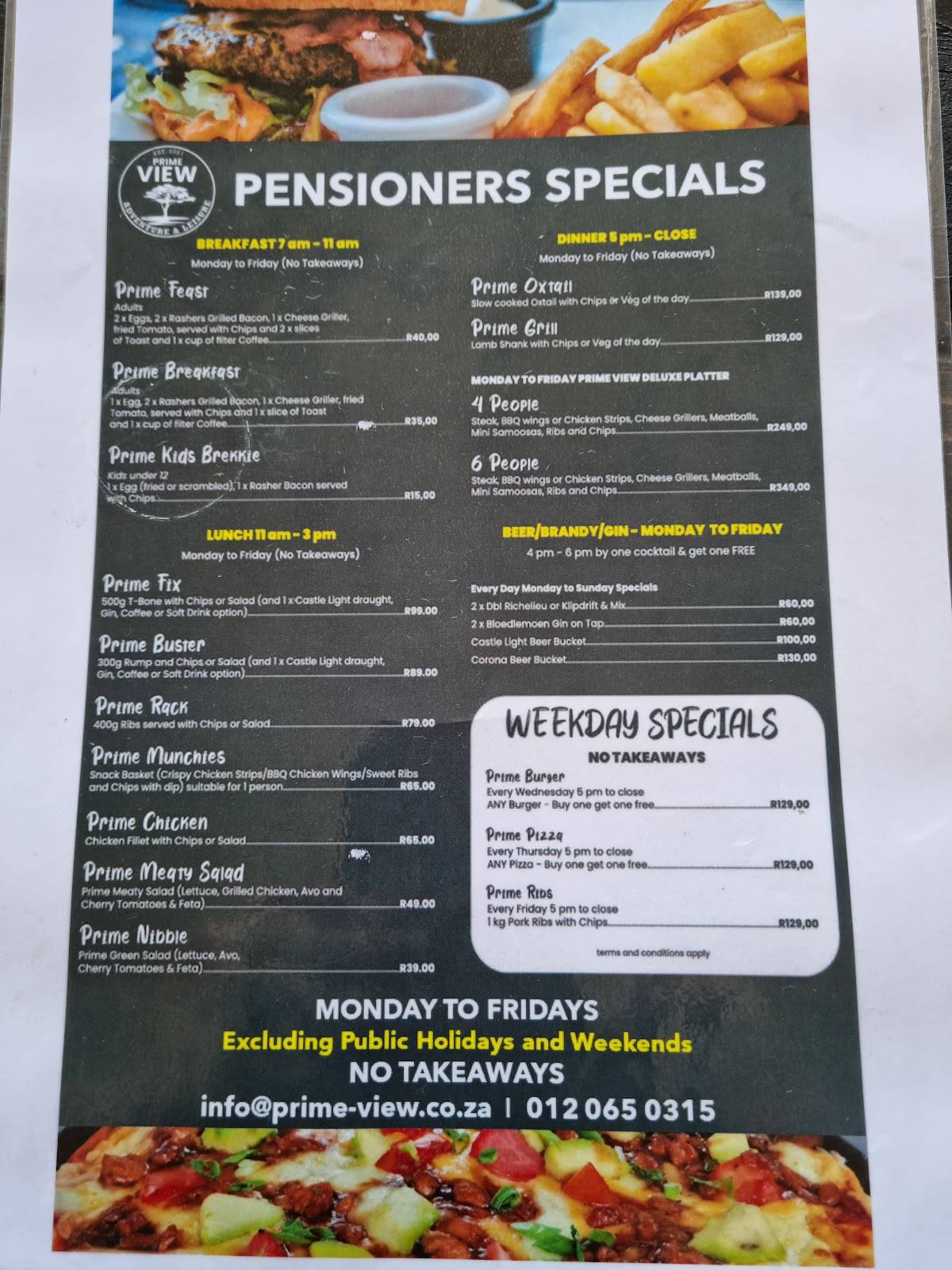 Menu at Grande View Restaurant, Olifantsfontein