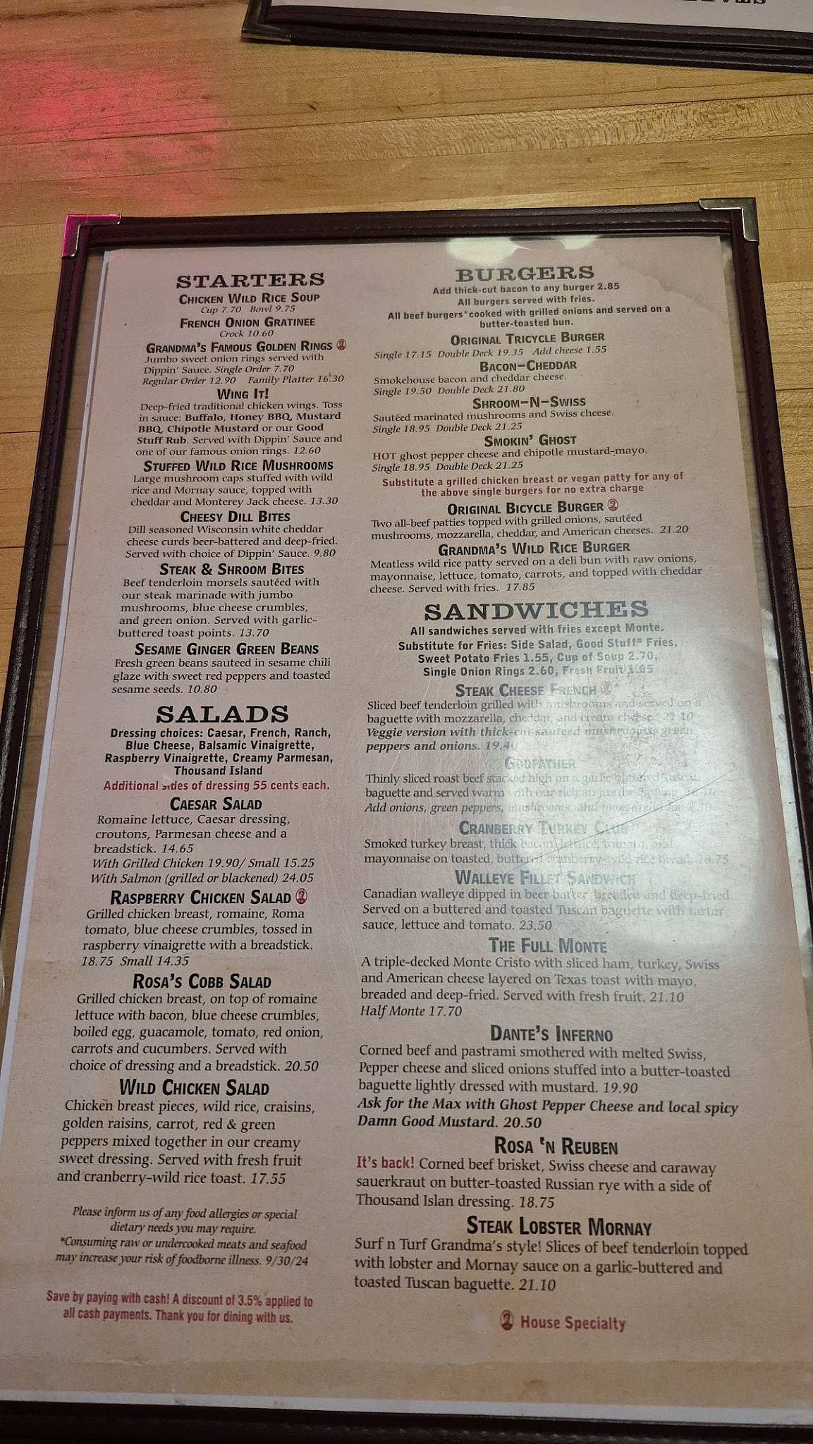 Menu at Grandma's Saloon & Grill pub & bar, Duluth, 522 S Lake Ave