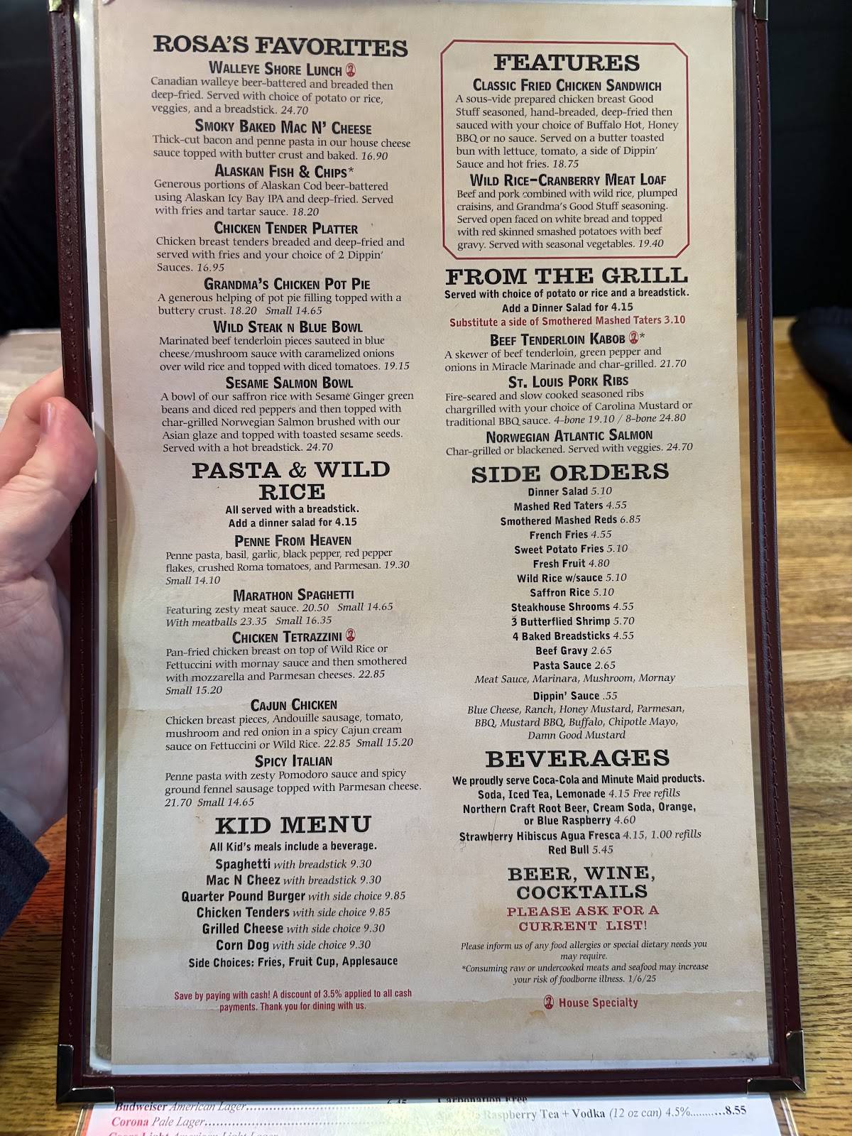 Menu at Grandma's Saloon & Grill pub & bar, Duluth, 522 S Lake Ave