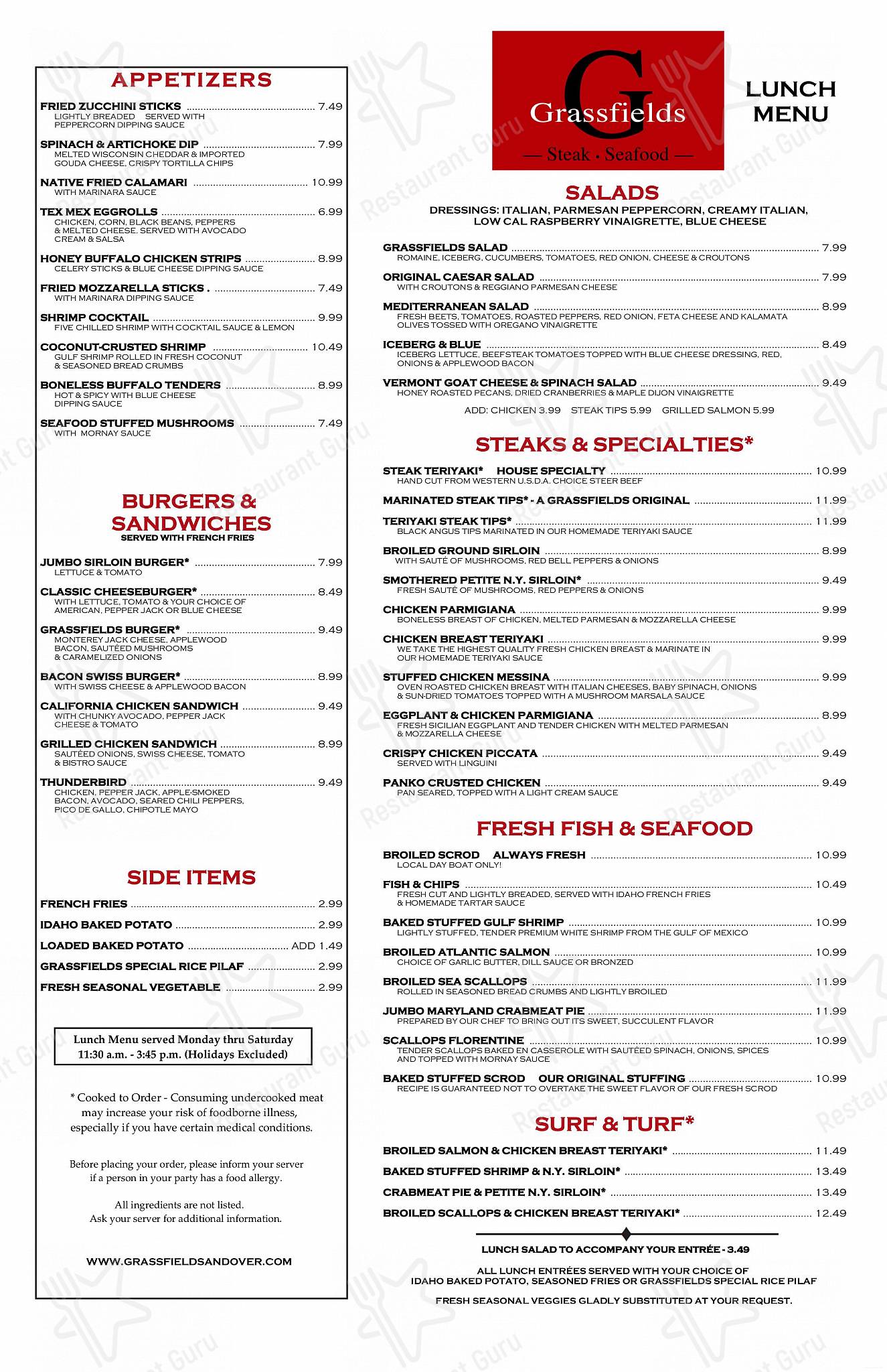 Menu at Grassfields Food & Spirits steakhouse, Andover