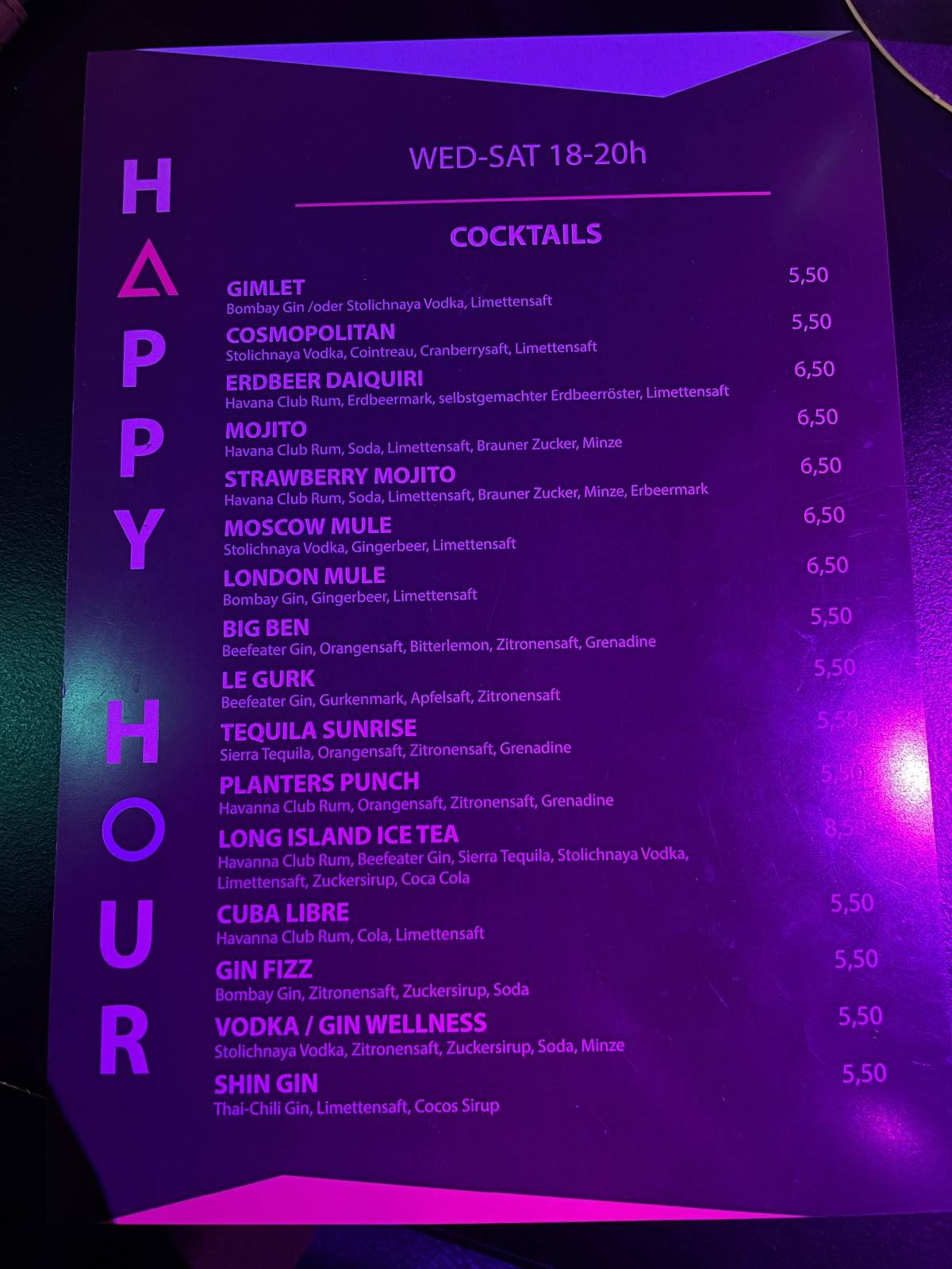 Speisekarte von Gravity Bar Wien, Wien