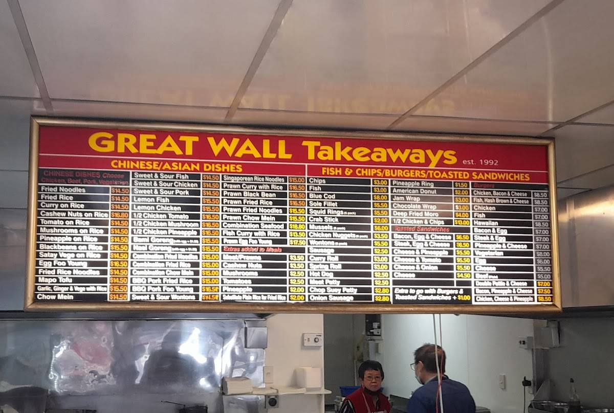 Menu at Great Wall Takeaways fast food Dunedin
