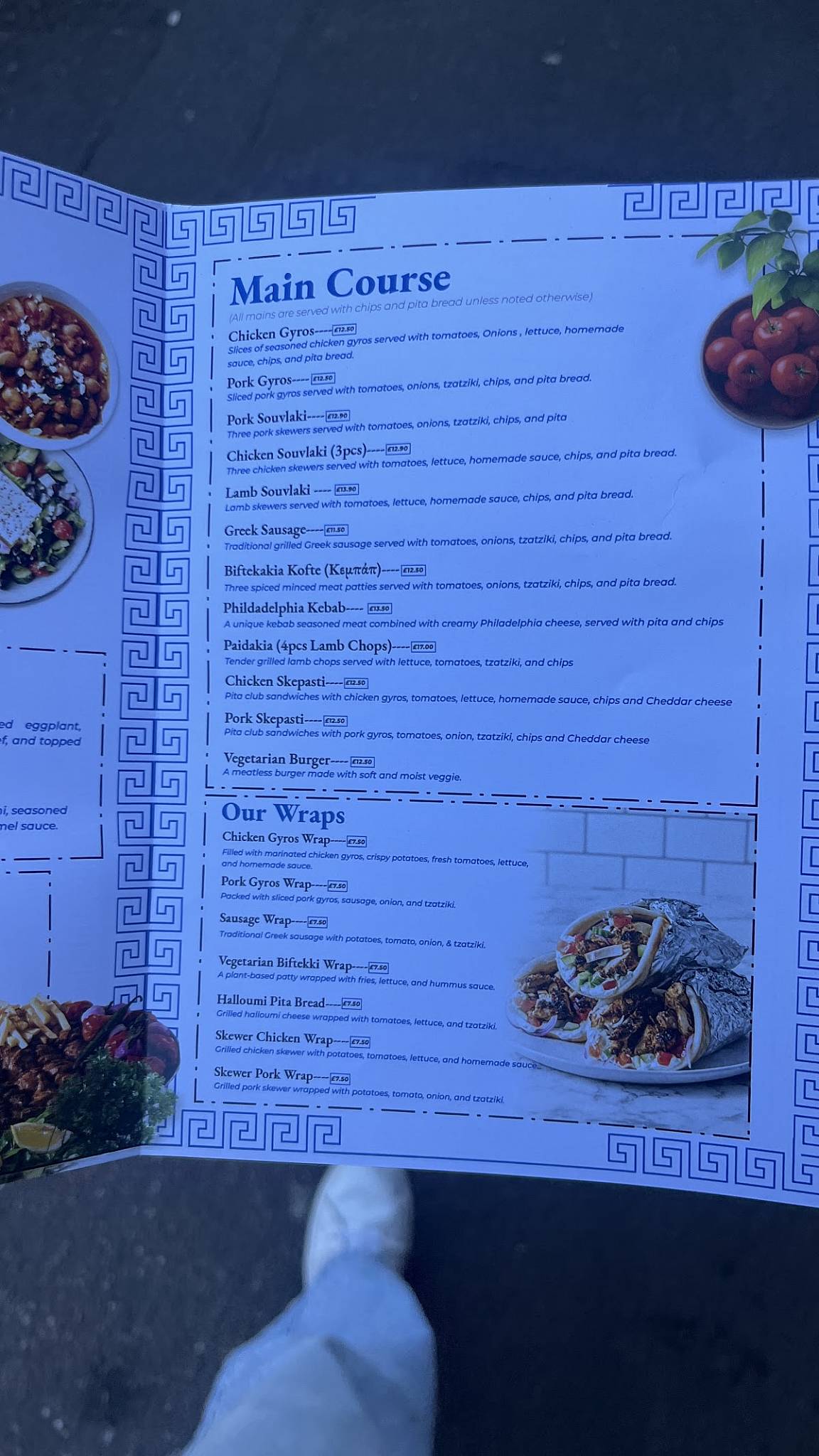 Menu at Greek Corner Kostas restaurant, Bournemouth