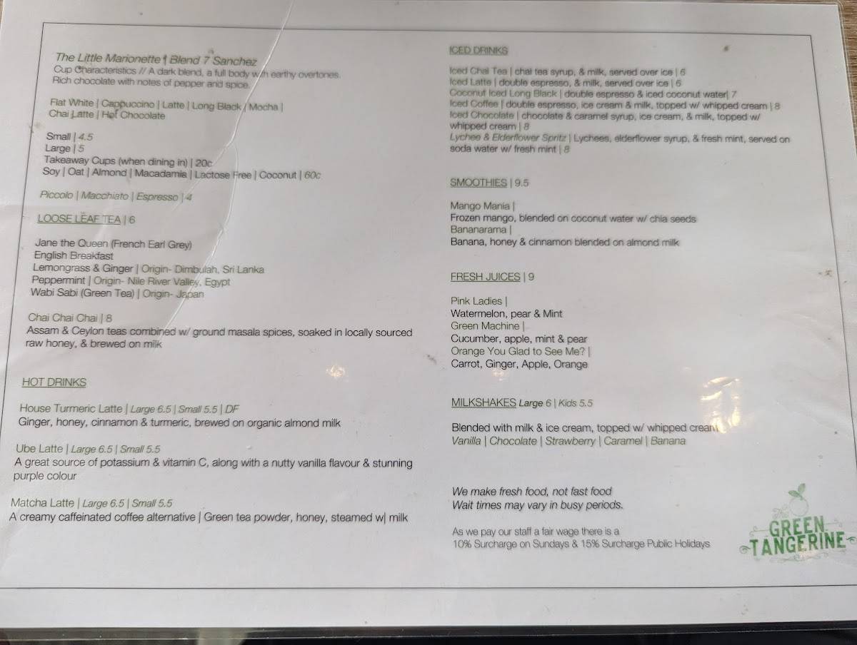 Menu at Green Tangerine Long Jetty cafe, Long Jetty