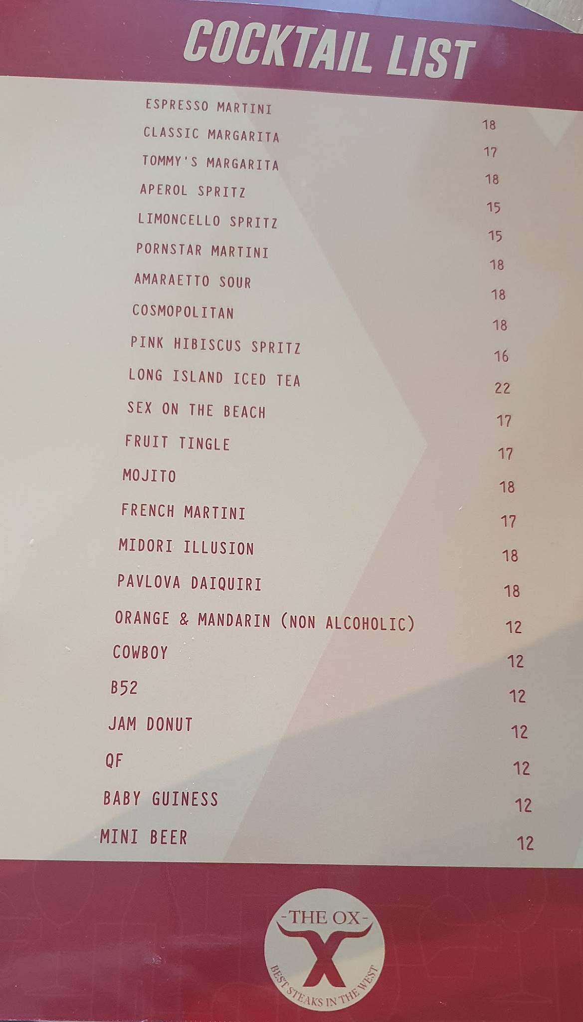Menu at The Ox restaurant, Oxley