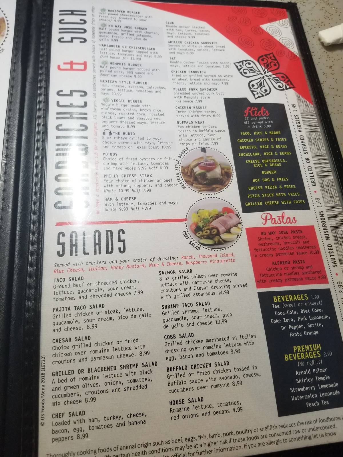 Menu at No Way Jose restaurant, Greenwood