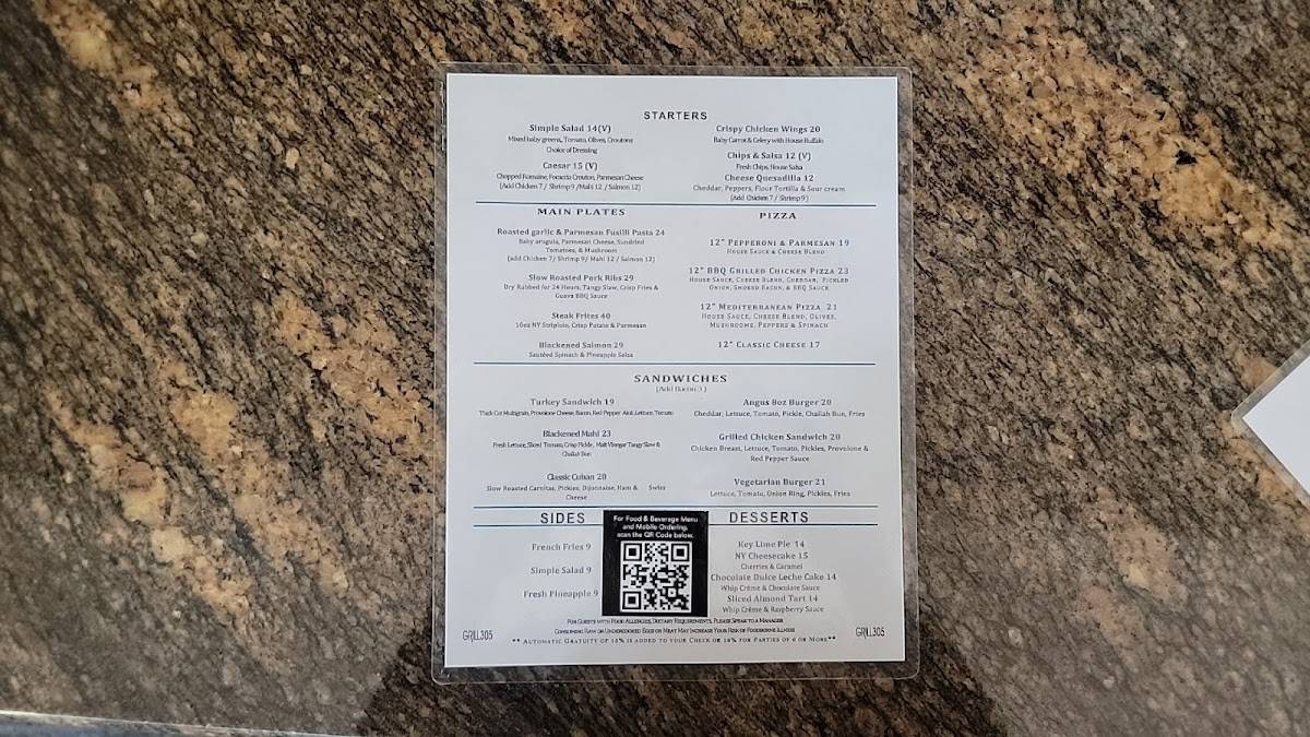 Menu at Grill 305 pub & bar, Miami
