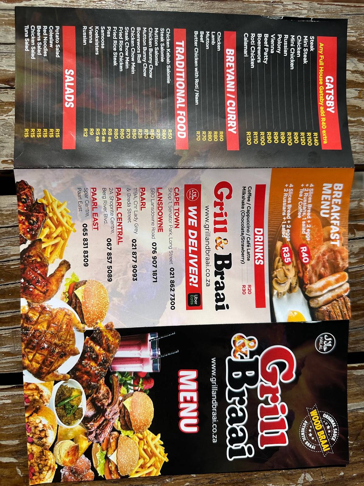 Menu at Grill & braai restaurant, Cape Town, 580 Lansdowne Rd