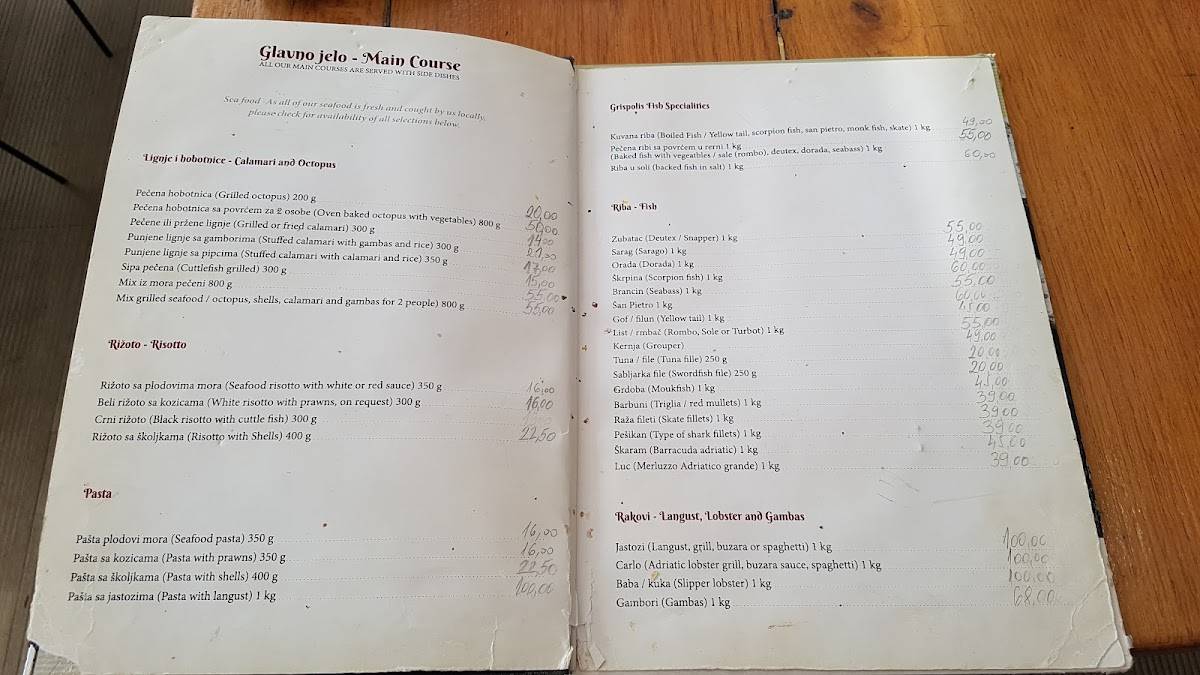 Menu at Grispolis restaurant, Bigova
