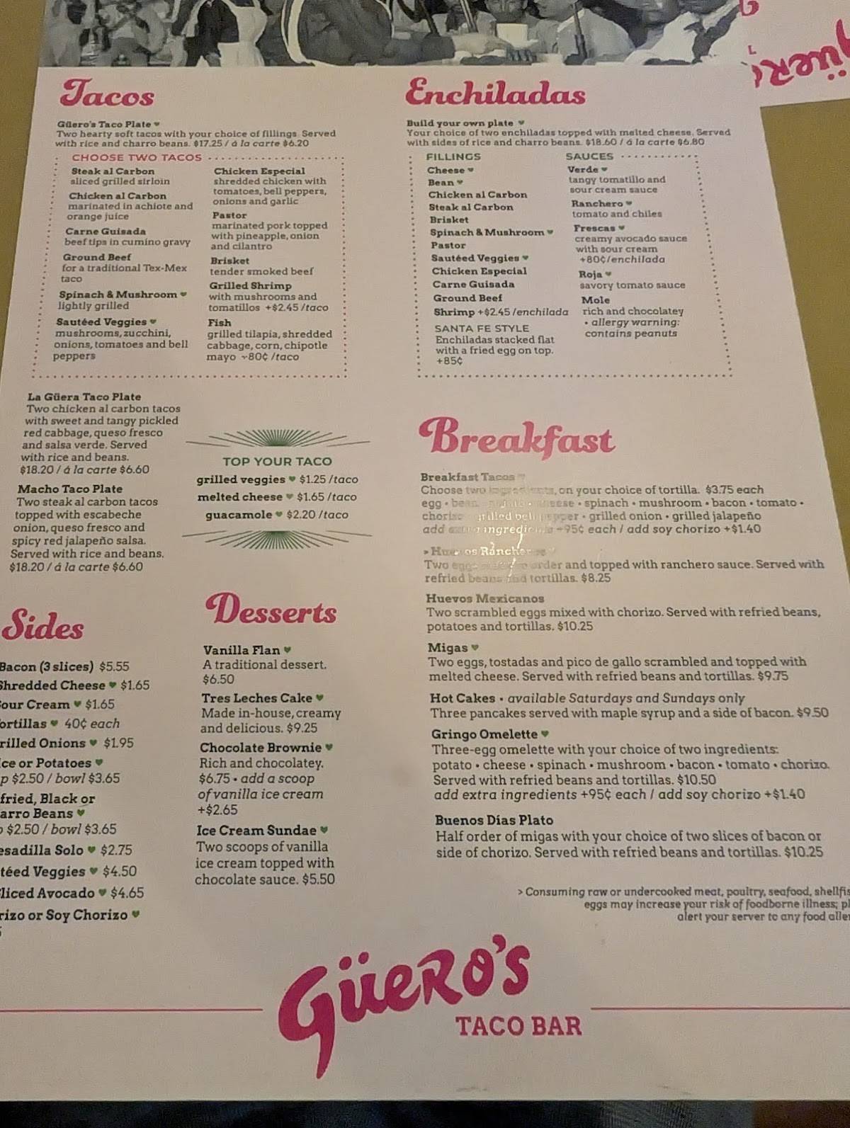 Menu at Güero's Taco Bar, Austin