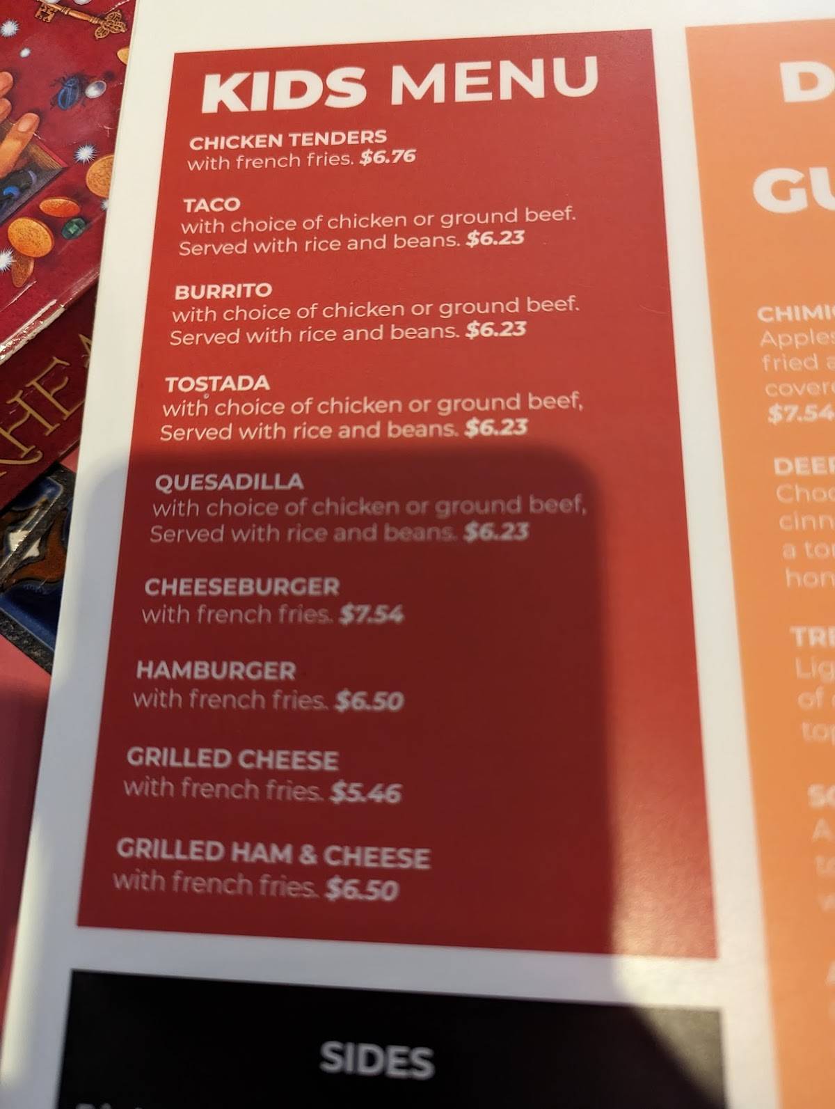 Menu at Guerrero Maya restaurant, South Portland