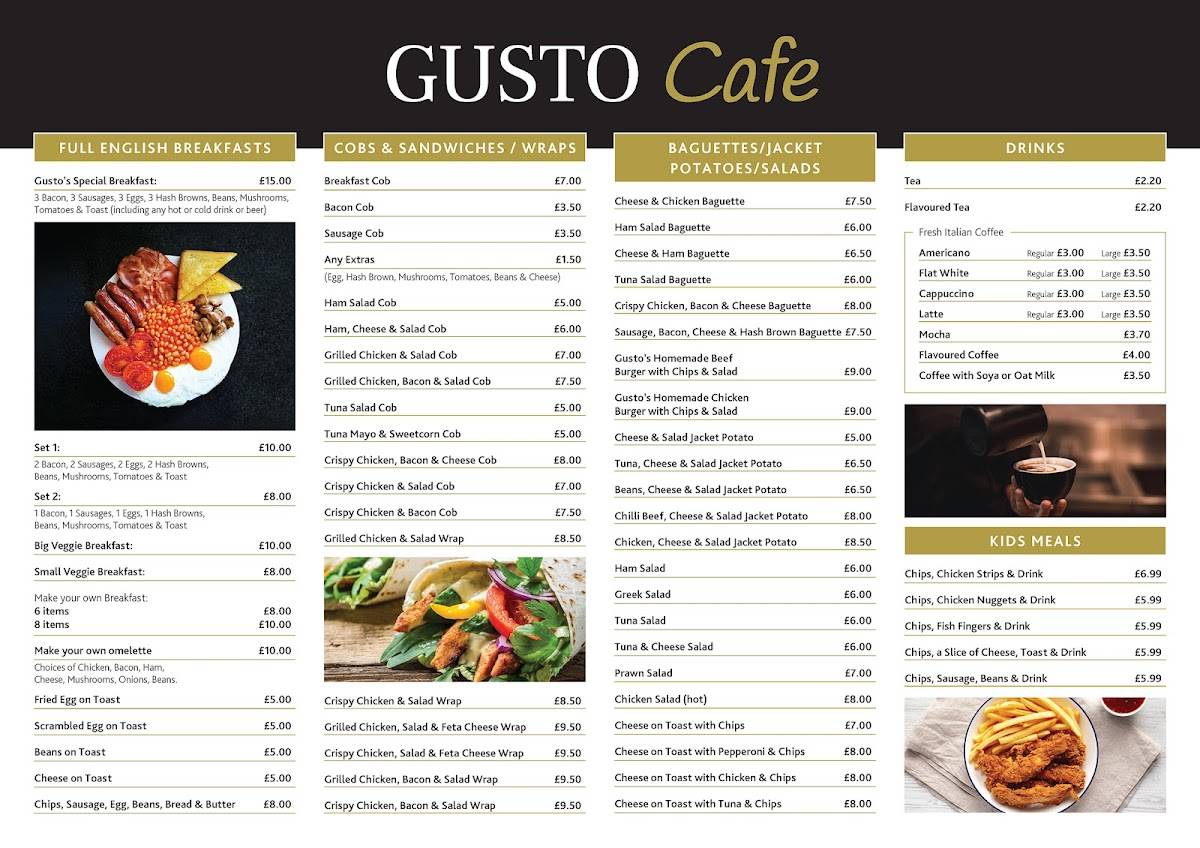 Menu at Gusto Cafe, Nottingham