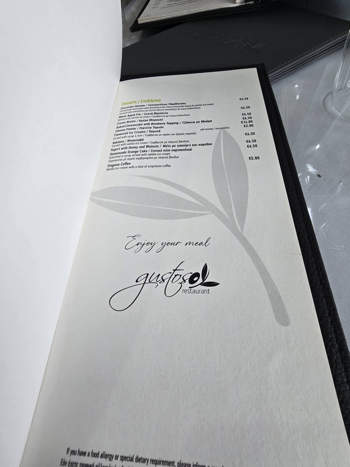 Menu at Gustoso Restaurant, Paphos, Tombs of the Kings Ave 72
