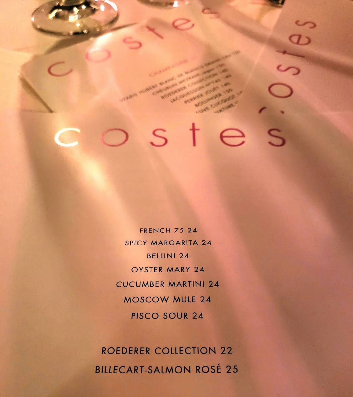 Menu at Hôtel Costes Restaurant, Paris
