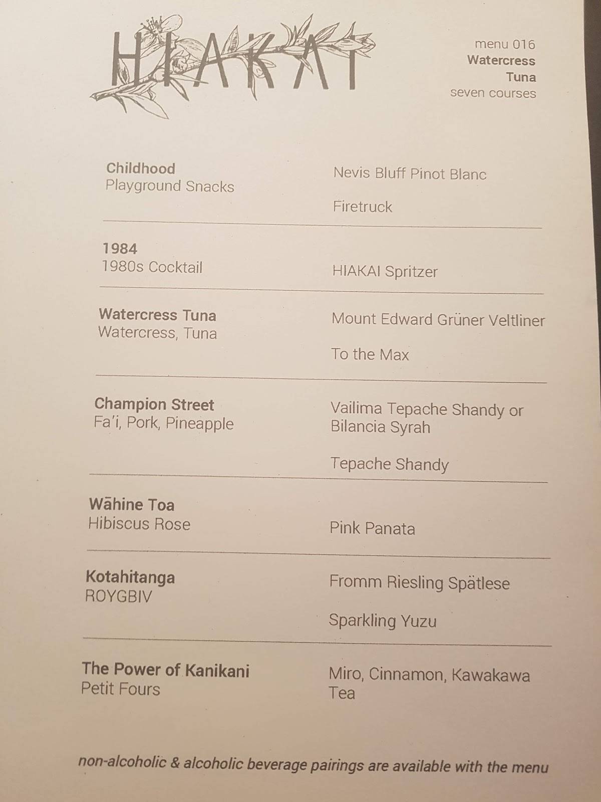 Menu at HIAKAI restaurant, Wellington