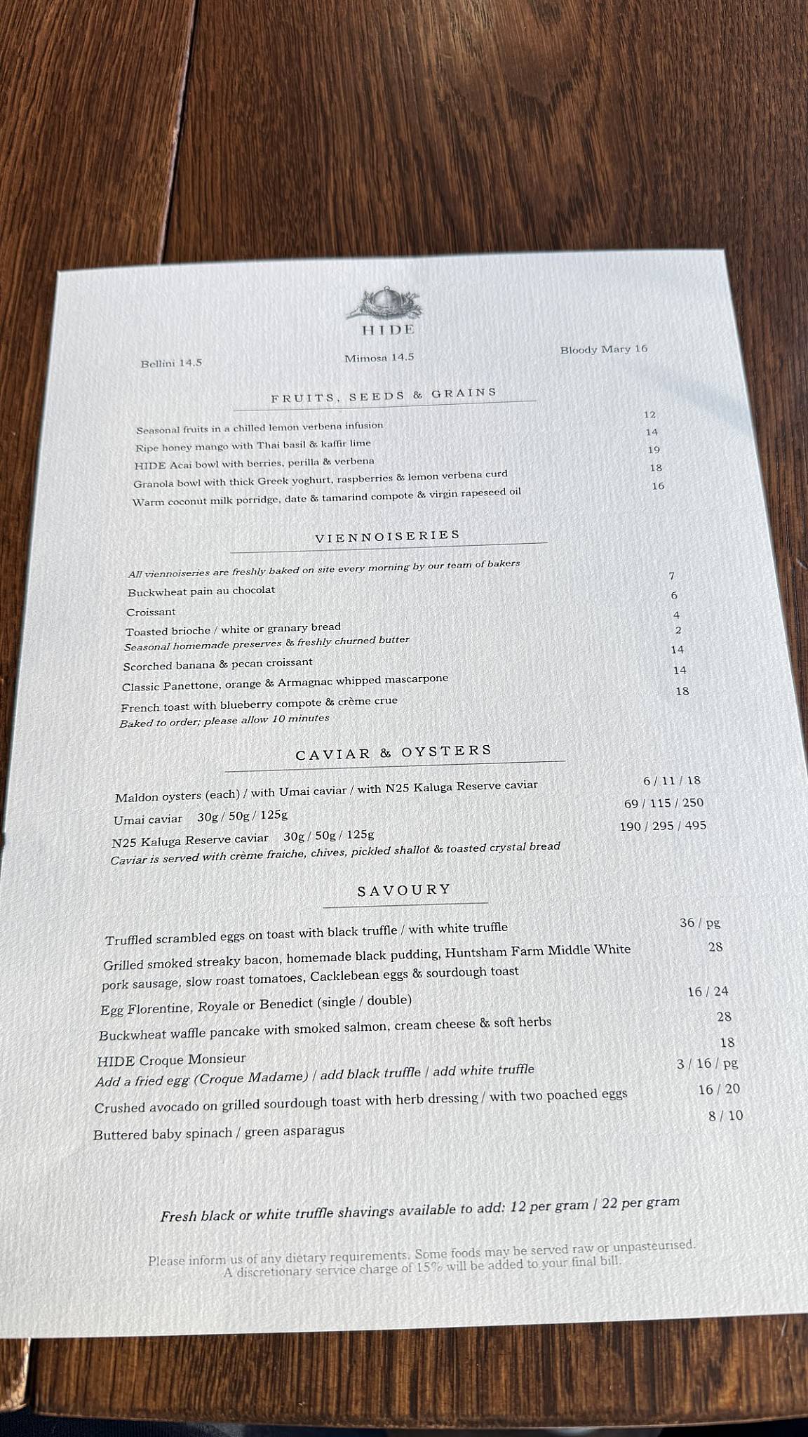 Menu at HIDE restaurant, London, 85 Piccadilly