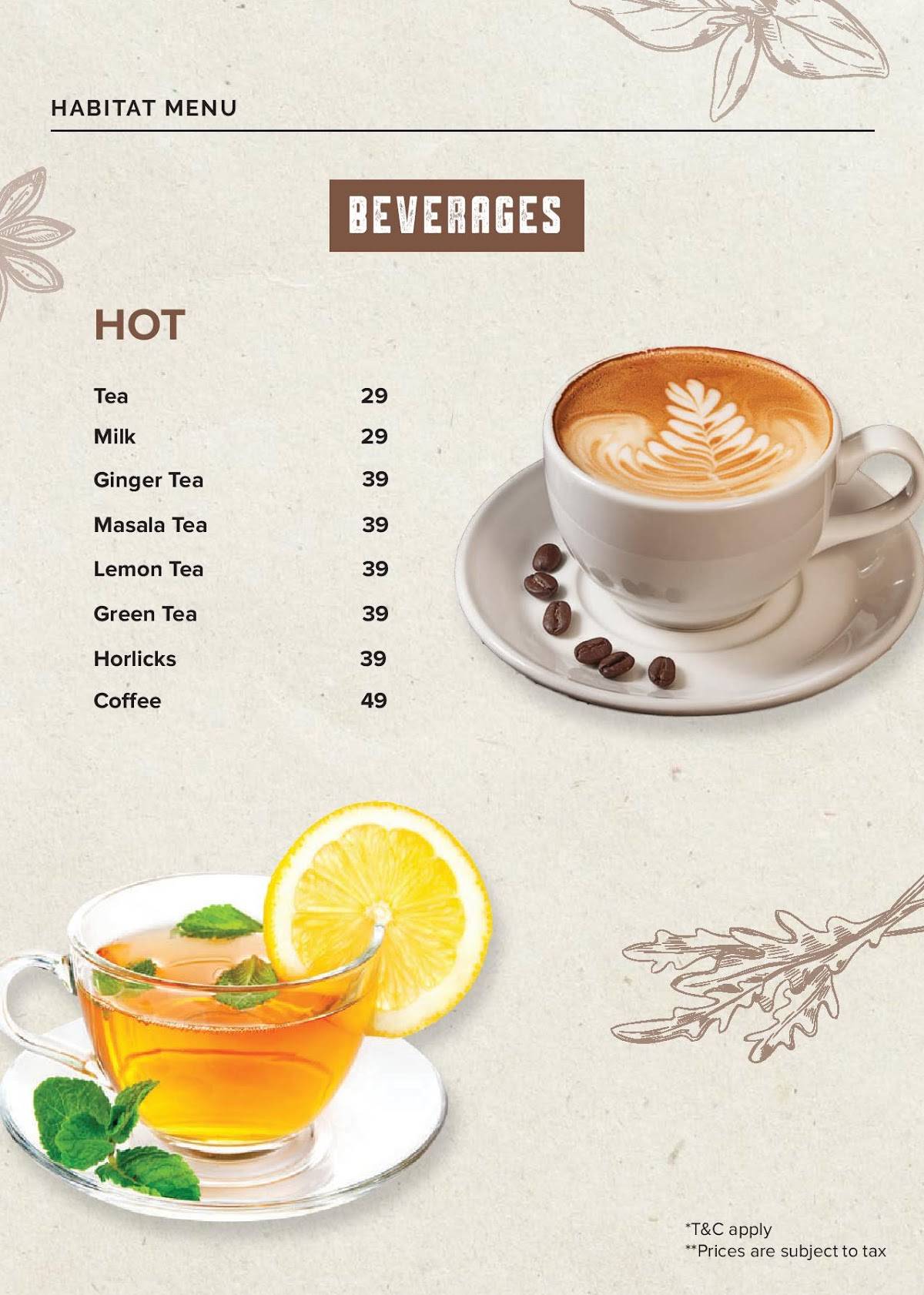 Menu at Habitat, Rajahmundry