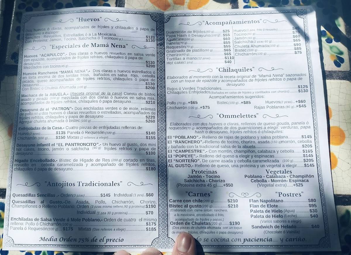Menu at Hacienda Mamá Nena restaurant, Jarretaderas