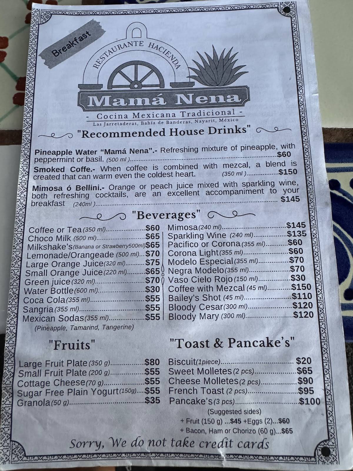 Menu at Hacienda Mamá Nena restaurant, Jarretaderas