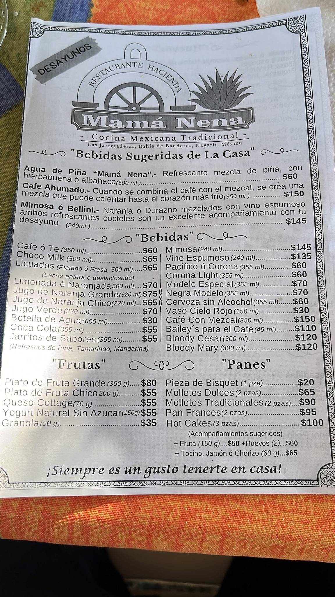Menu at Hacienda Mamá Nena restaurant, Jarretaderas