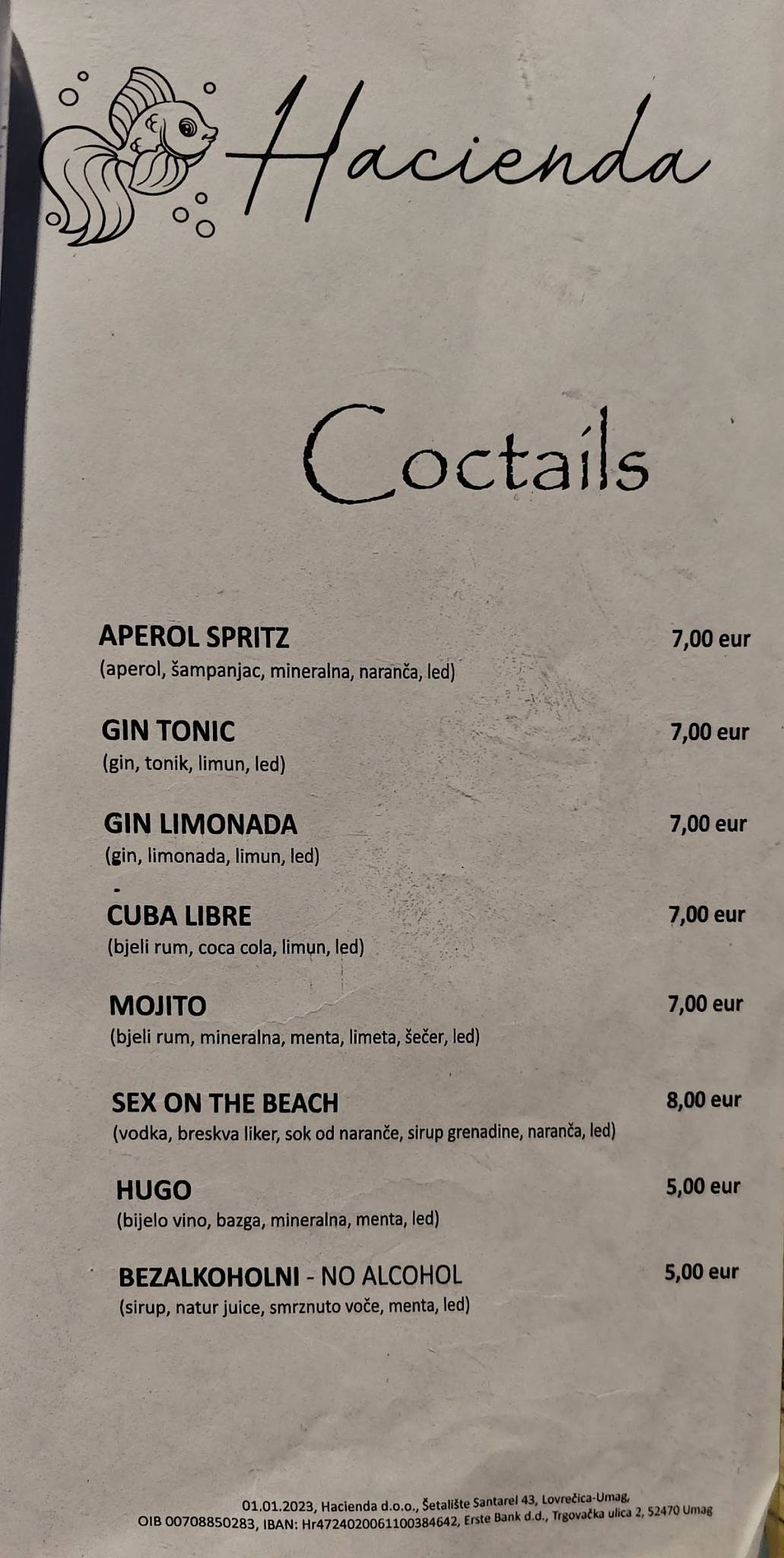 Menu at Hacienda bar, Lovrečica