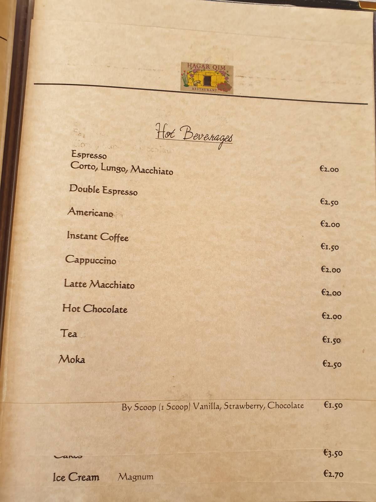Menu at Hagar Qim Restaurant, Qrendi